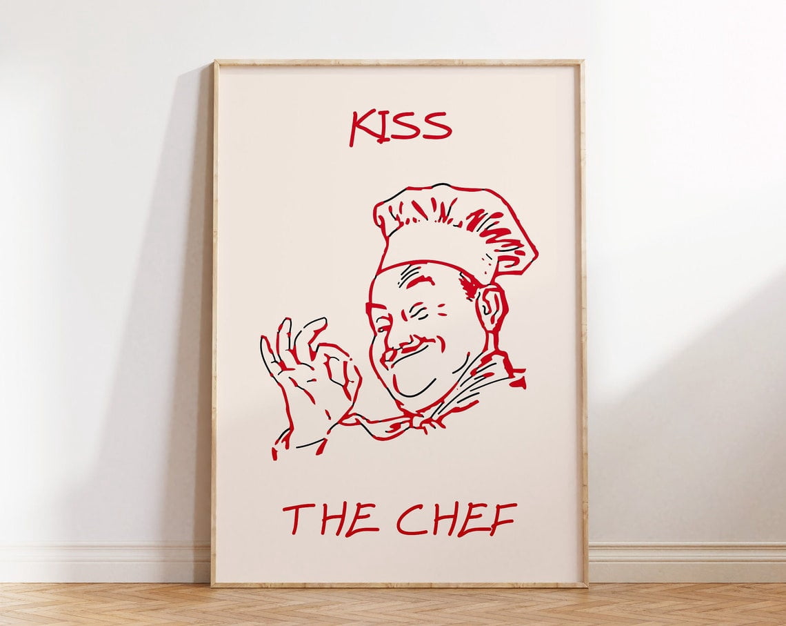 Kiss The Chef Print Red Aesthetic Kitchen Decor Cute Cooking Art ...