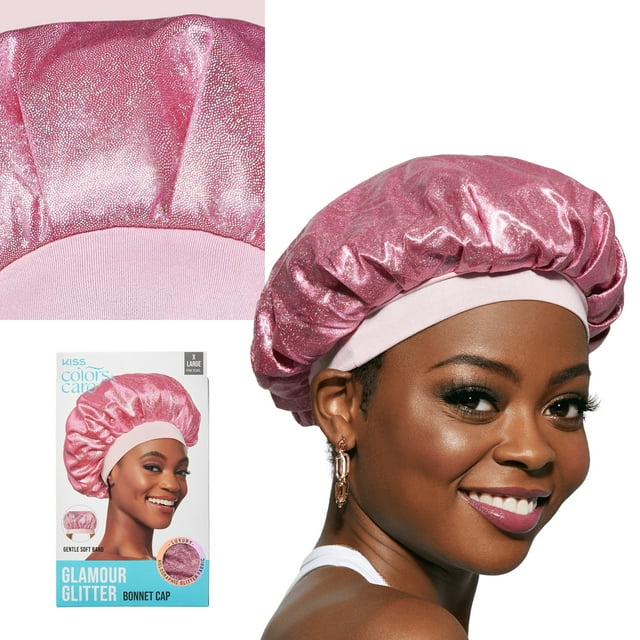 Kiss Colors & Care Glitter Hair Bonnet Cap, Wide Edge, XL, Pink Pearl ...
