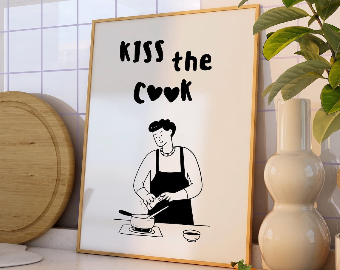 Kiss The Cook Print, Aesthetic Kitchen Decor, Cute Cooking Art, Trendy ...