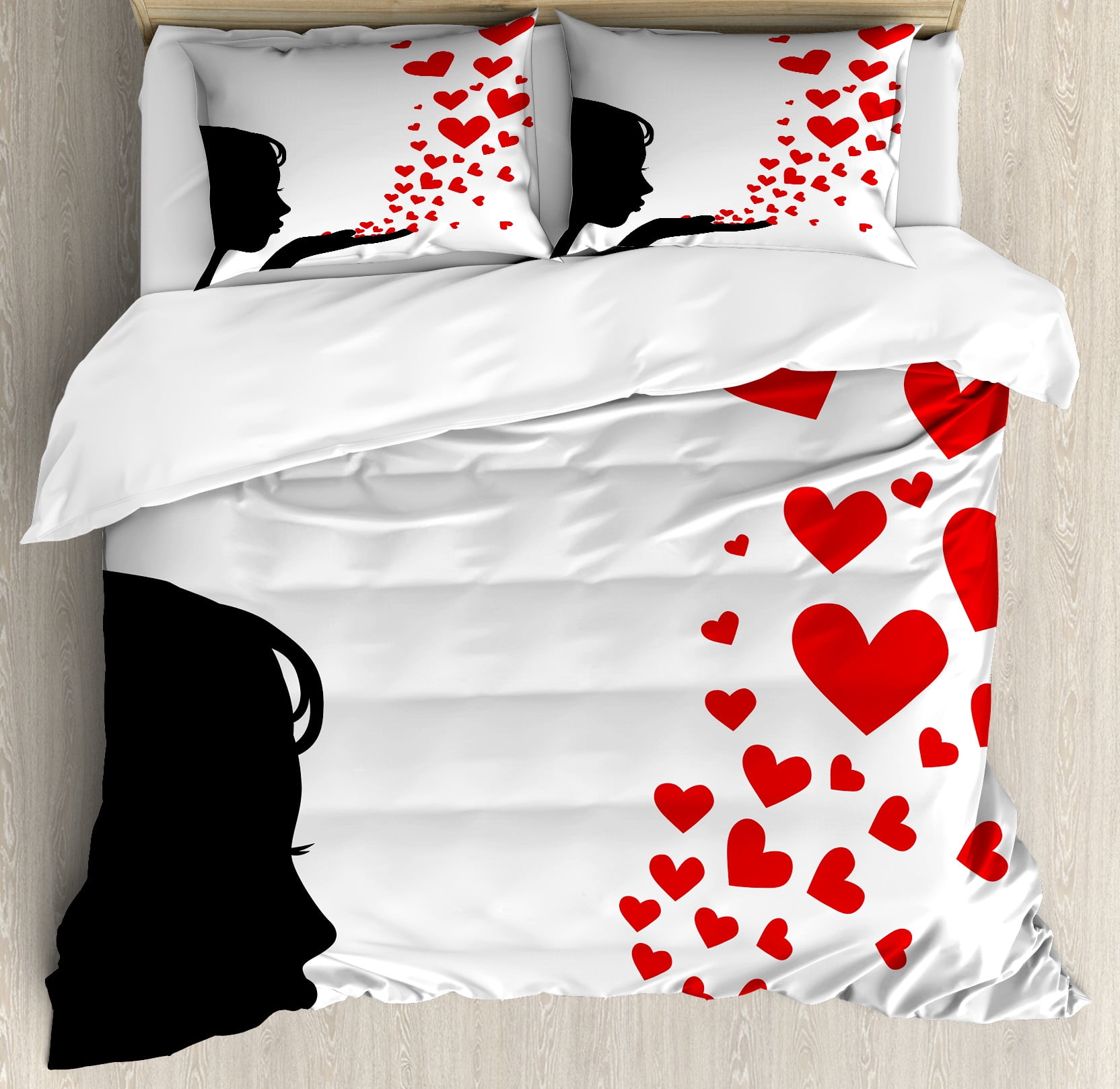 Kiss Duvet Cover Set, Girl Black Silhouette Blowing Red Hearts Romance ...