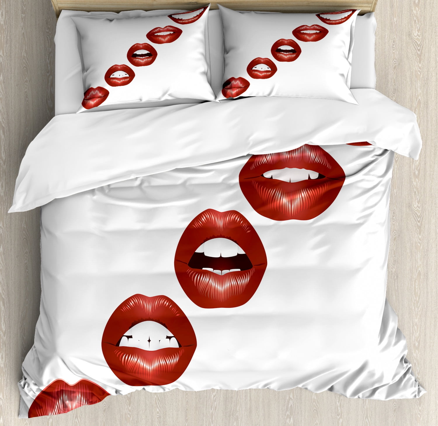 Kiss Duvet Cover Set King Size, Vivid Full Red Lips Smiling Kissing ...