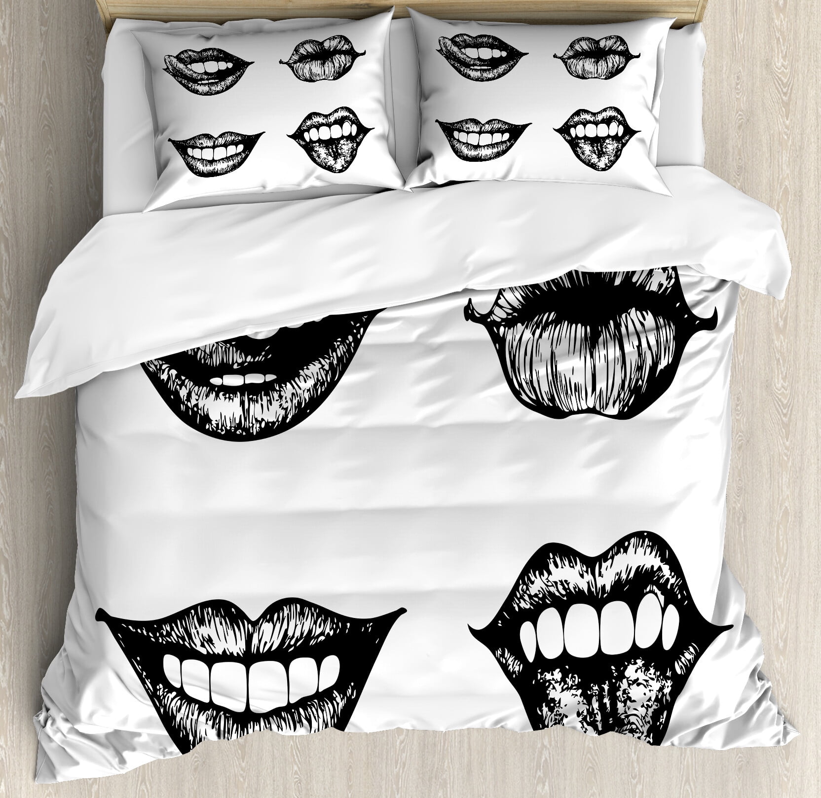 Kiss Duvet Cover Set, Monochromatic Woman Lips in Various Poses ...