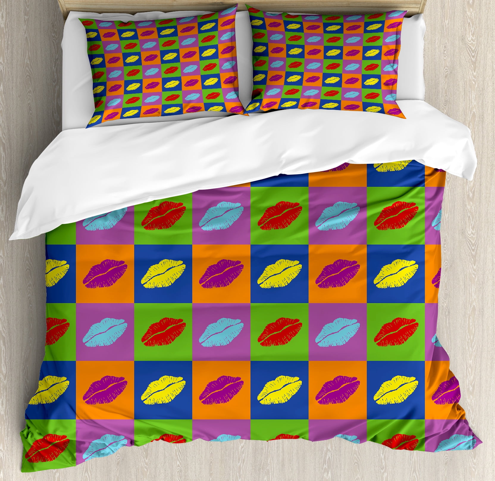 Kiss Duvet Cover Set, Pop Art Style Lipstick Kisses on Vibrant Colored ...