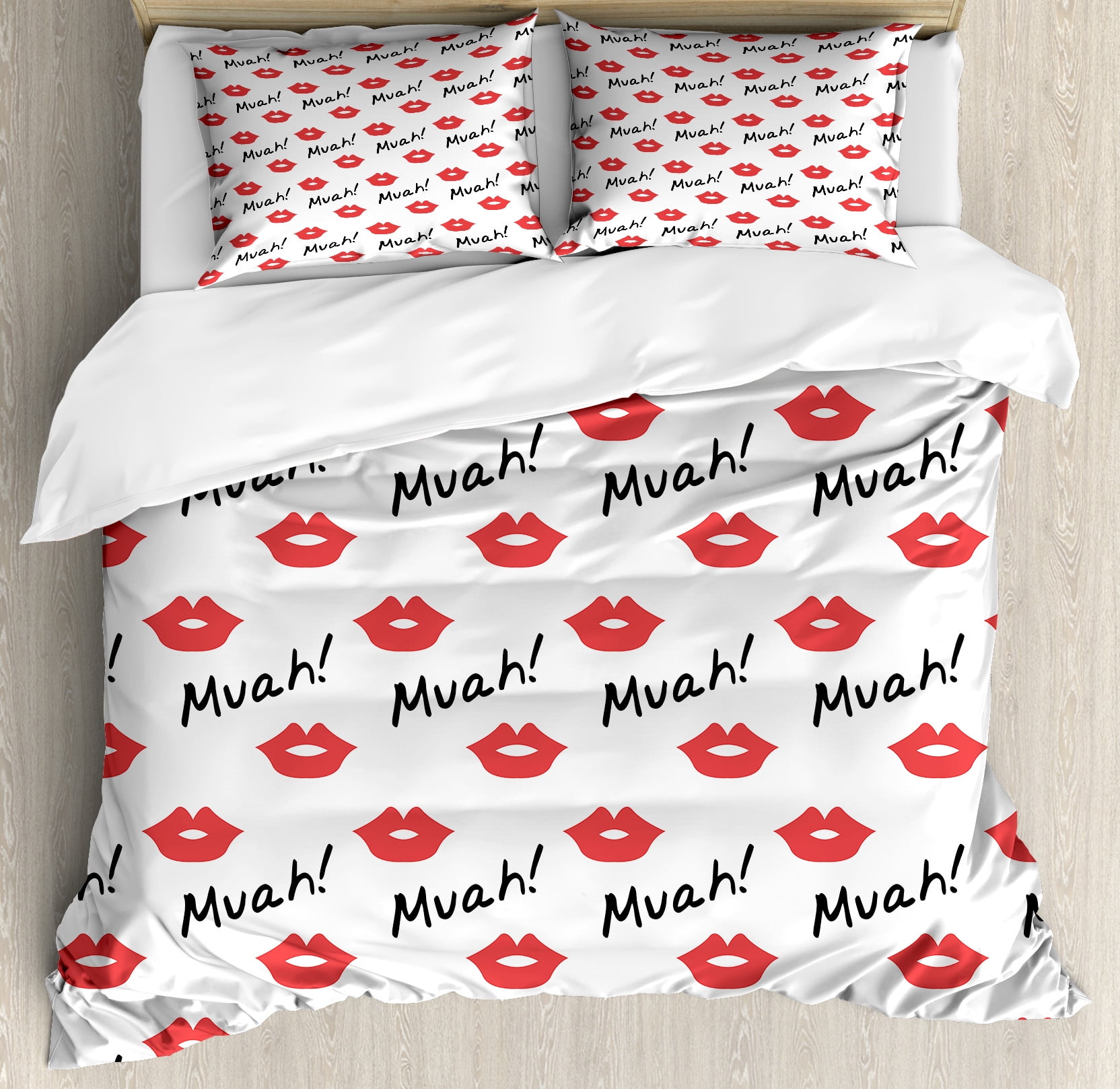 Kiss Duvet Cover Set, Red Woman Lips Kiss Marks Pattern Romance ...