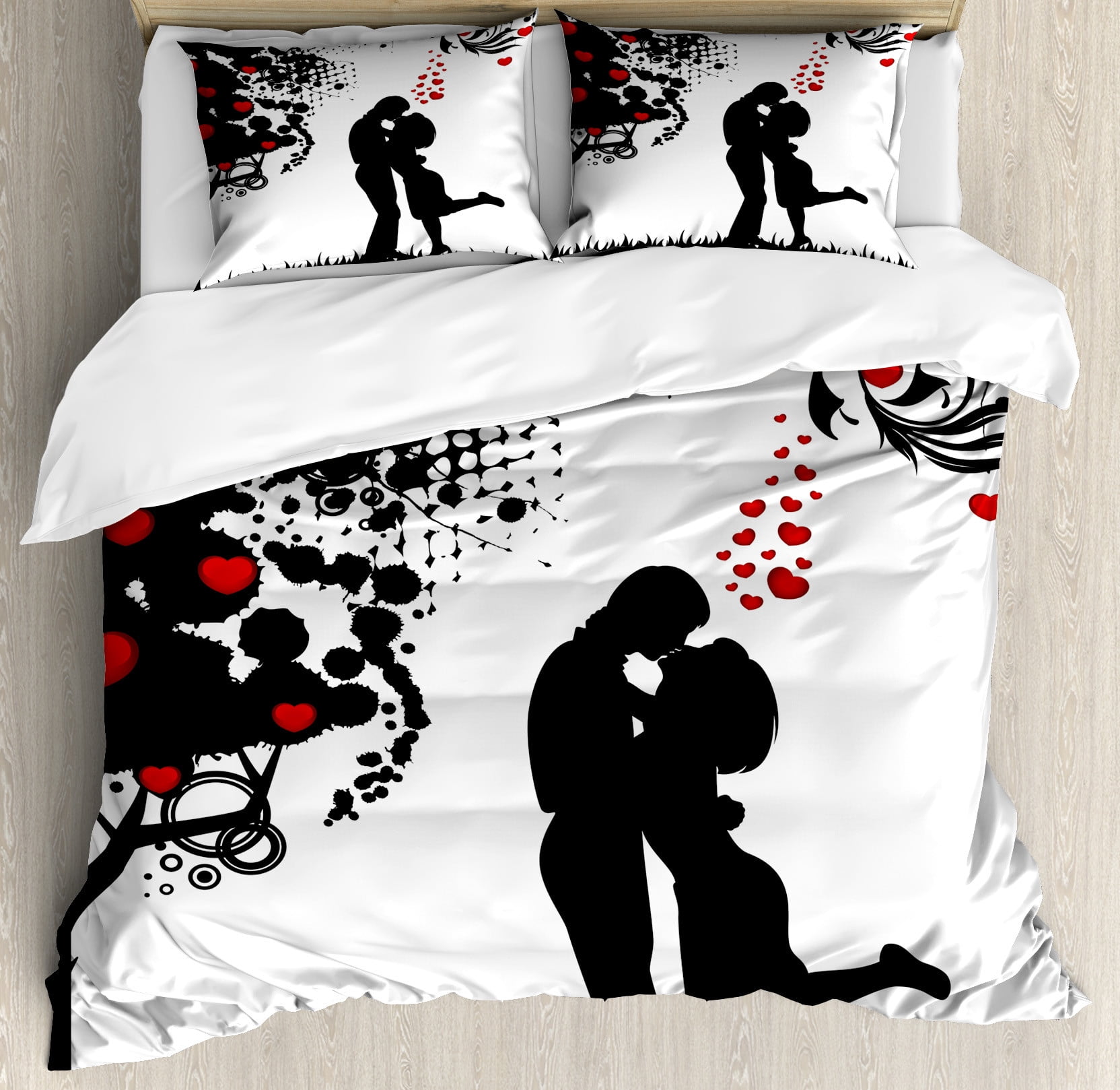 Kiss Duvet Cover Set, Silhouette of Lovers near Tree Hearts Valentine's ...