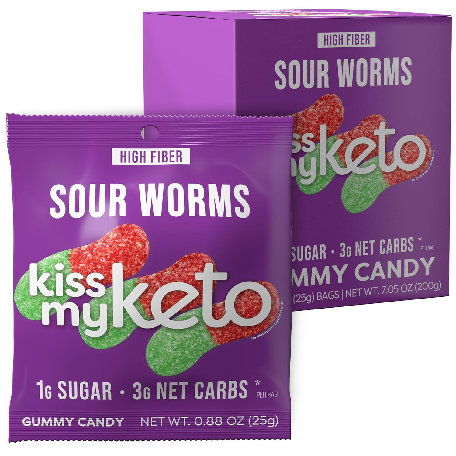 Kiss My Keto Sour Gummy Worms – 1g Sugar, Low Carb, High Fiber, non-GMO ...