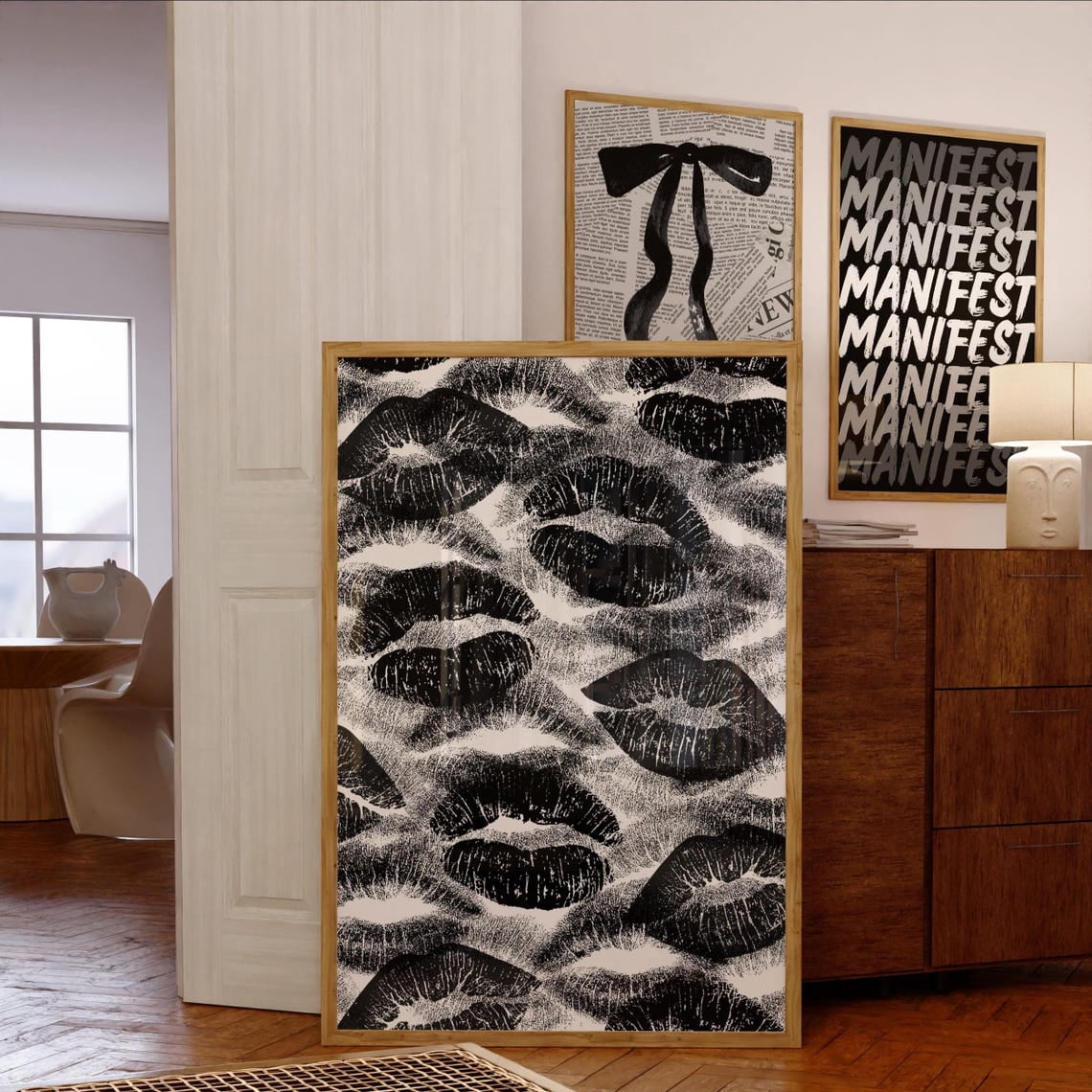 Kiss Lips Art Print, Retro Black Kiss Poster, Aesthetic Trendy Print ...