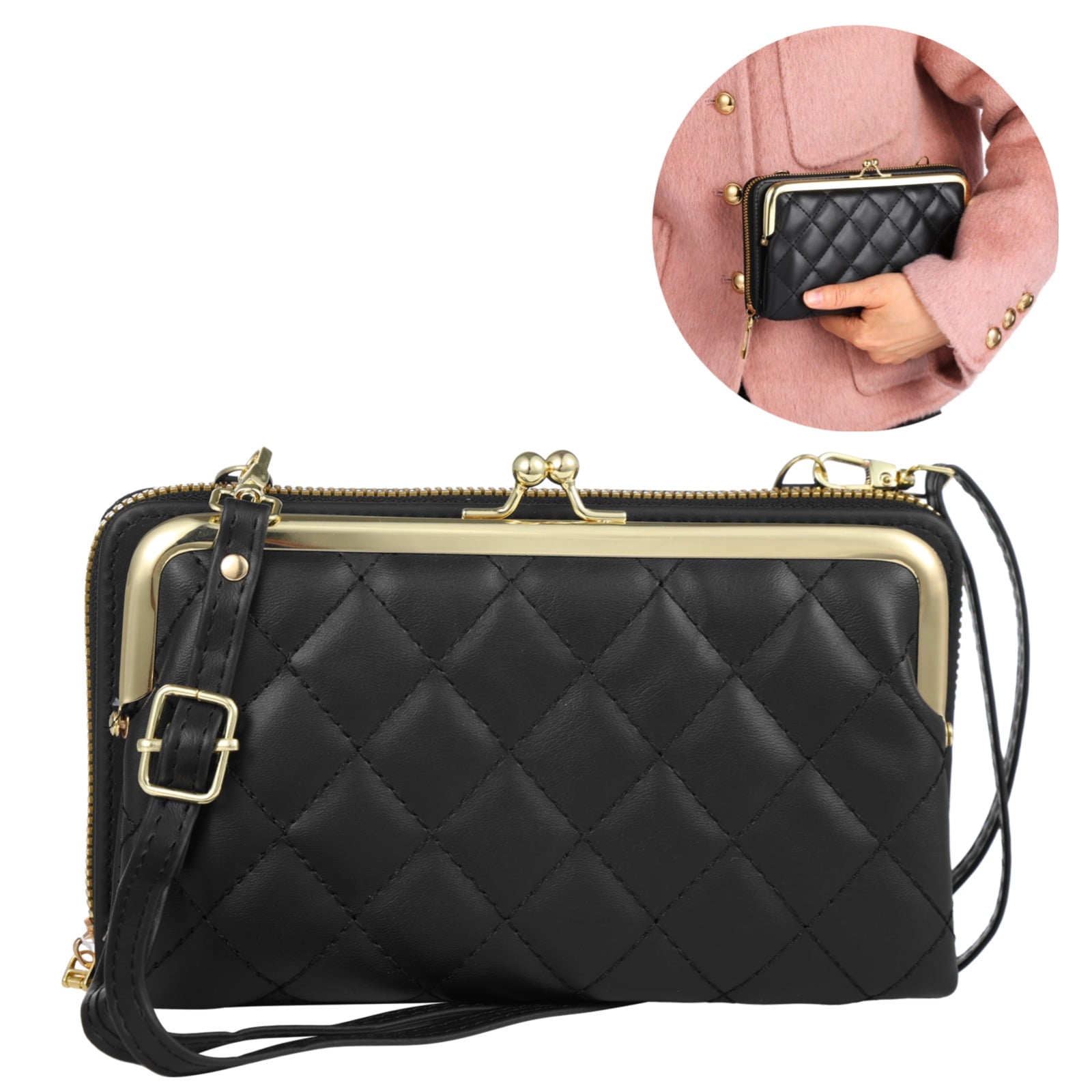 Kiss Lock Wallet, Small Crossbody Purse with Detachable Strap, Black ...