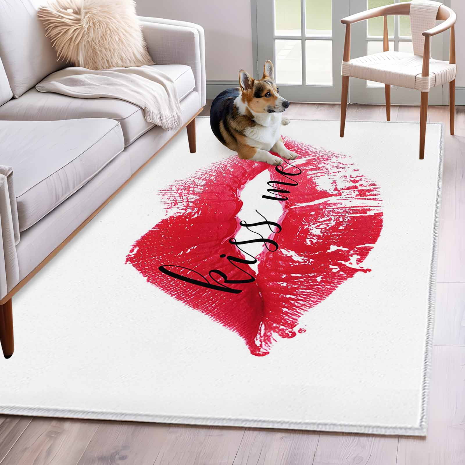 Kiss Me Text Lipprint Area Rugs 3x5 ft Retro Abstract Red Lips Washable ...