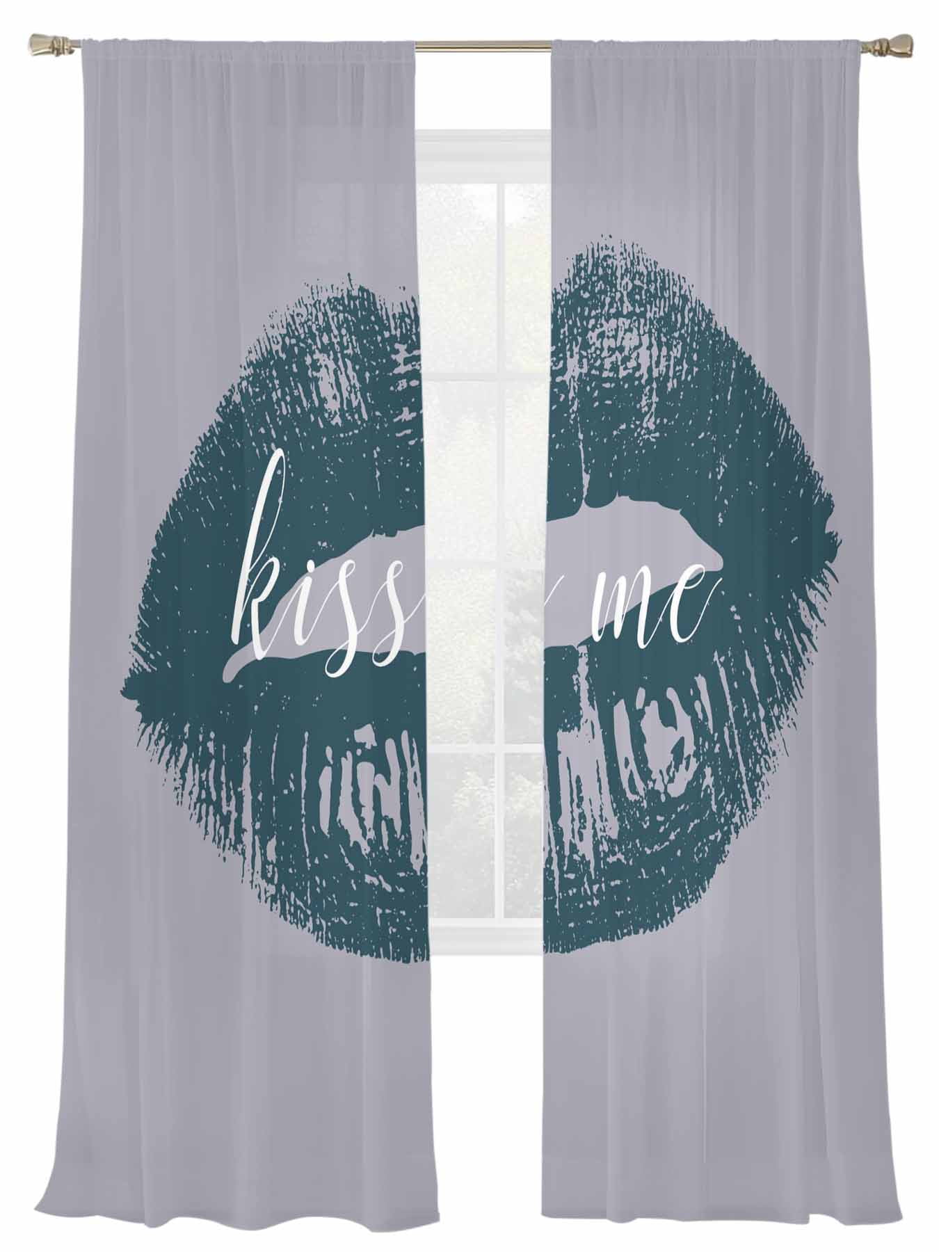Kiss Me Text Lipprint Sheer Curtains 108 Inch Long 2 Panels, Purple ...