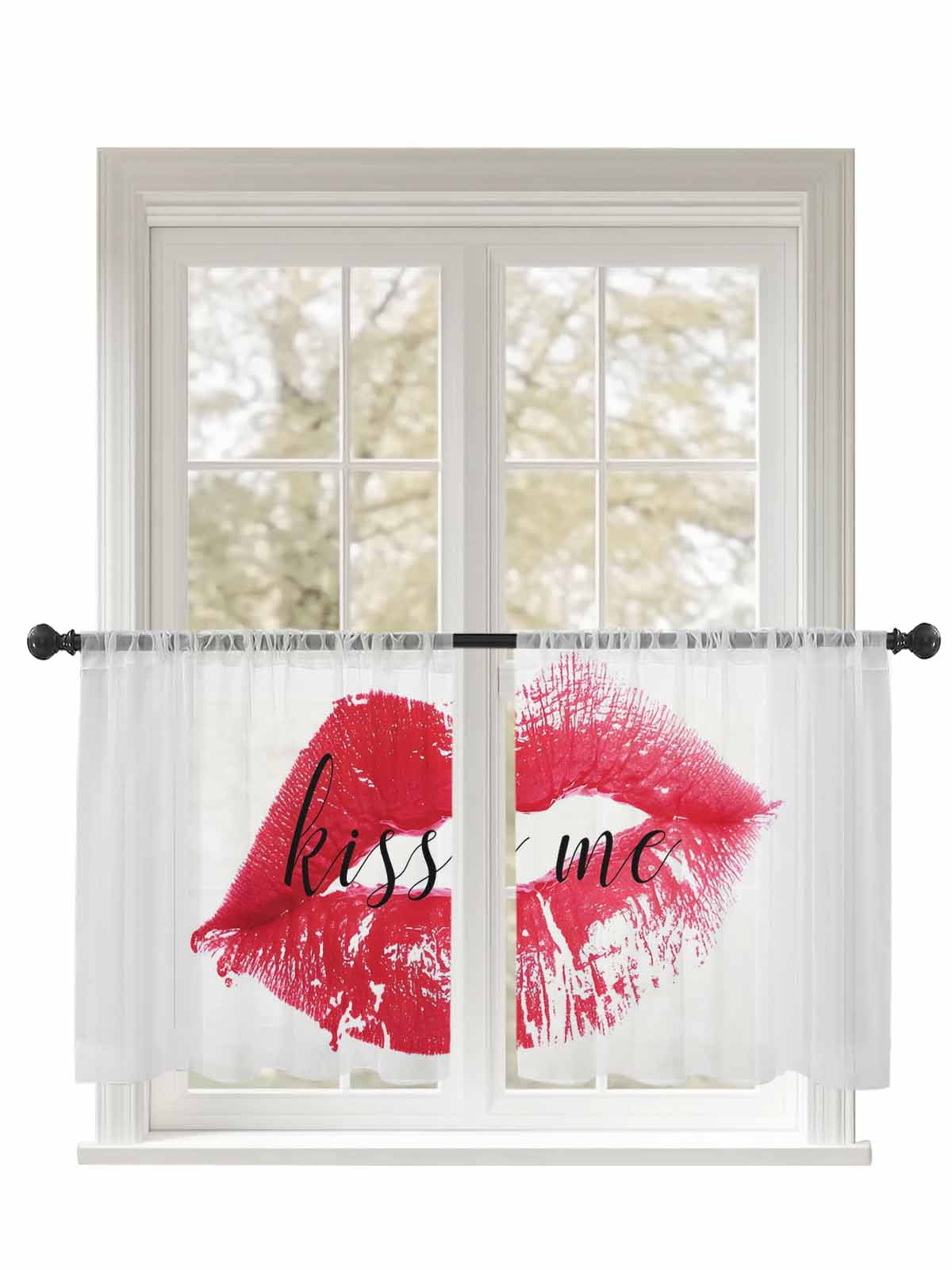 Kiss Me Text Lipprint Sheer Curtains 2 Panels Set Retro Abstract Red ...