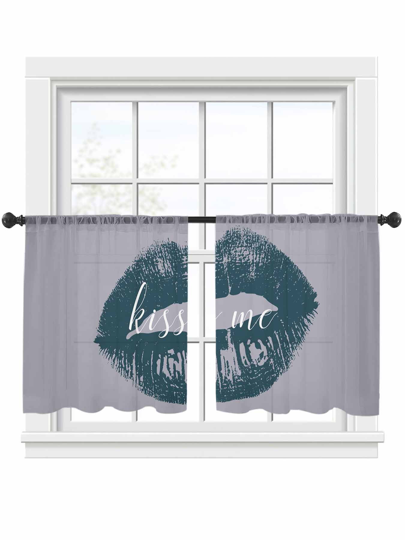 Kiss Me Text Lipprint Sheer Curtains 45 Inch Long 2 Panels, Purple Blue ...