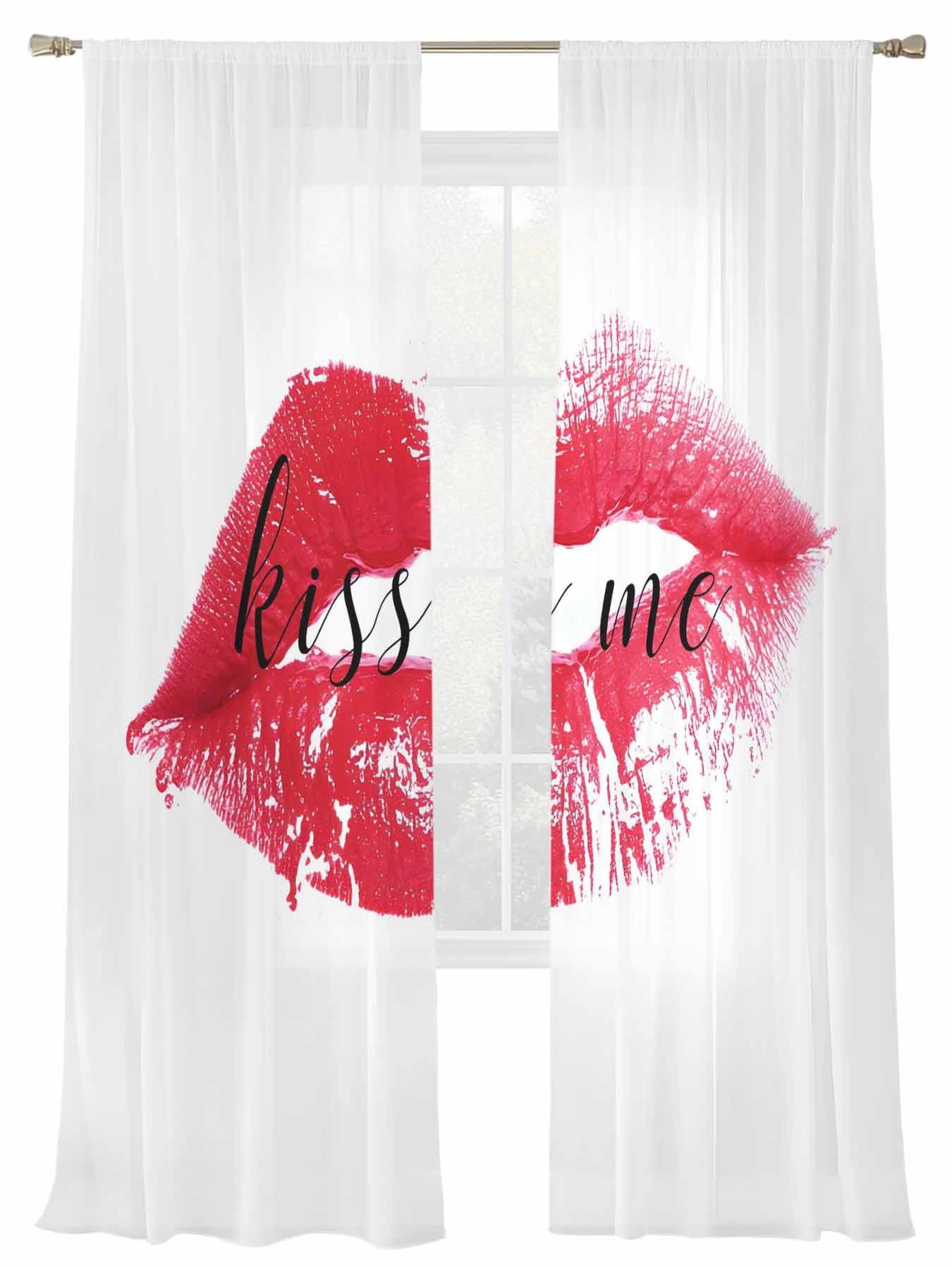 Kiss Me Text Lipprint Sheer Curtains 96 Inch Long 2 Panels, Retro ...