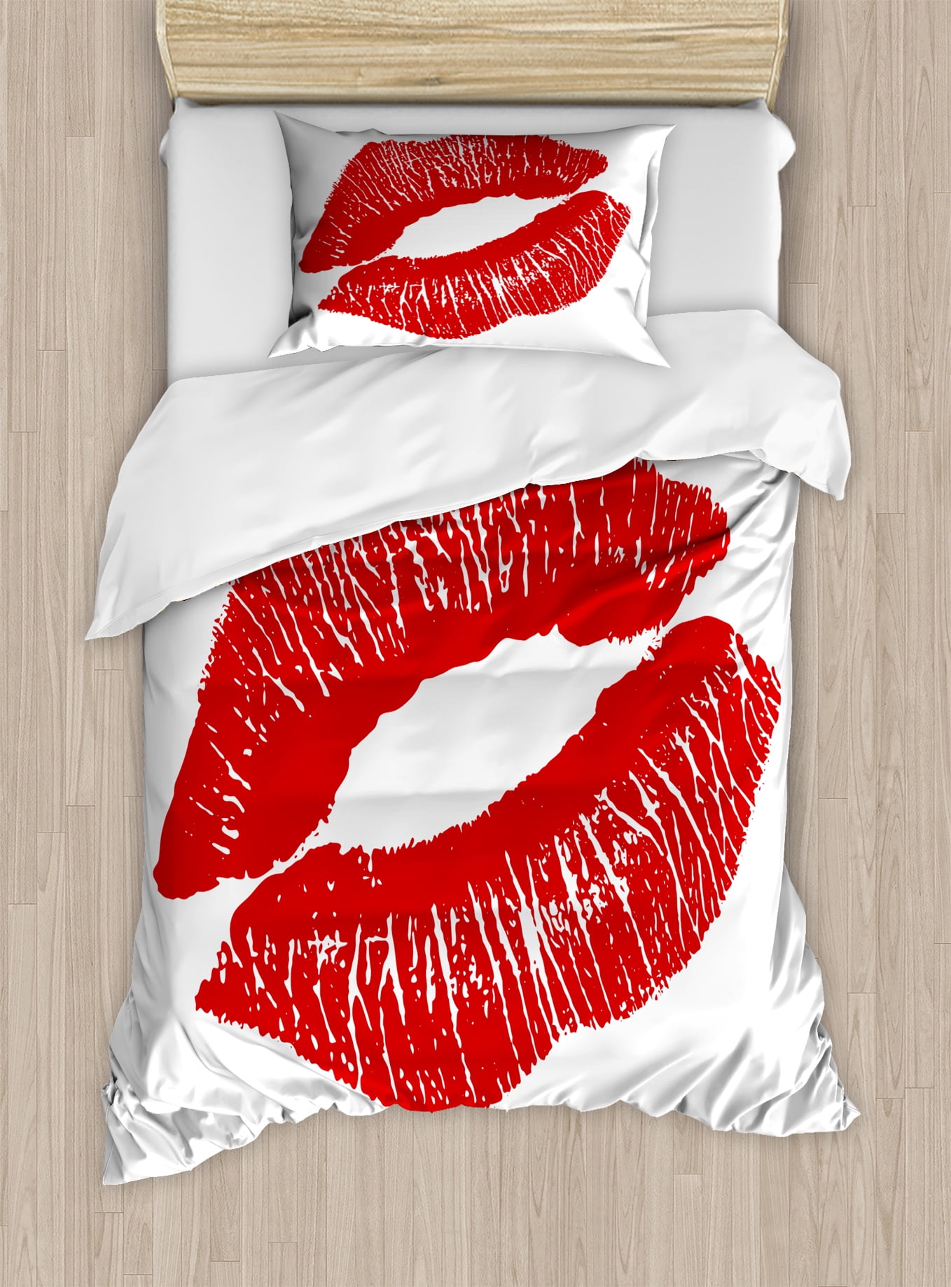 Kiss Twin Size Duvet Cover Set, Print of Red Lips Kiss Mark on White ...