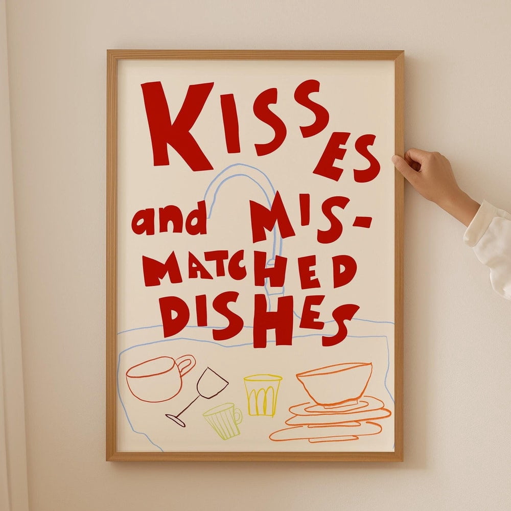 Kisses And Mismatched Dishes Print, Hand Drawn Print, Above The Sink ...