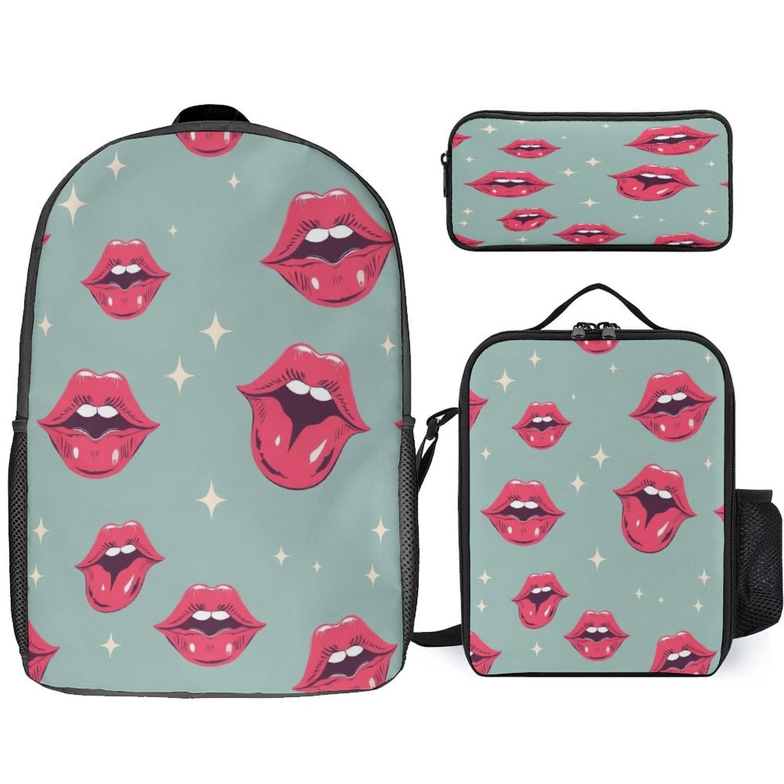 Kissing Lips Pattern 3pcs/Set Bags Laptop Daypack Backpack Lunch Bag ...