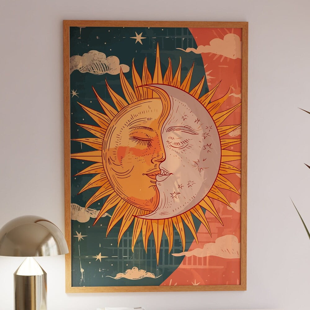 Kissing Sun And Moon Wall Decor, Retro Cute Sun And Moon Print ...