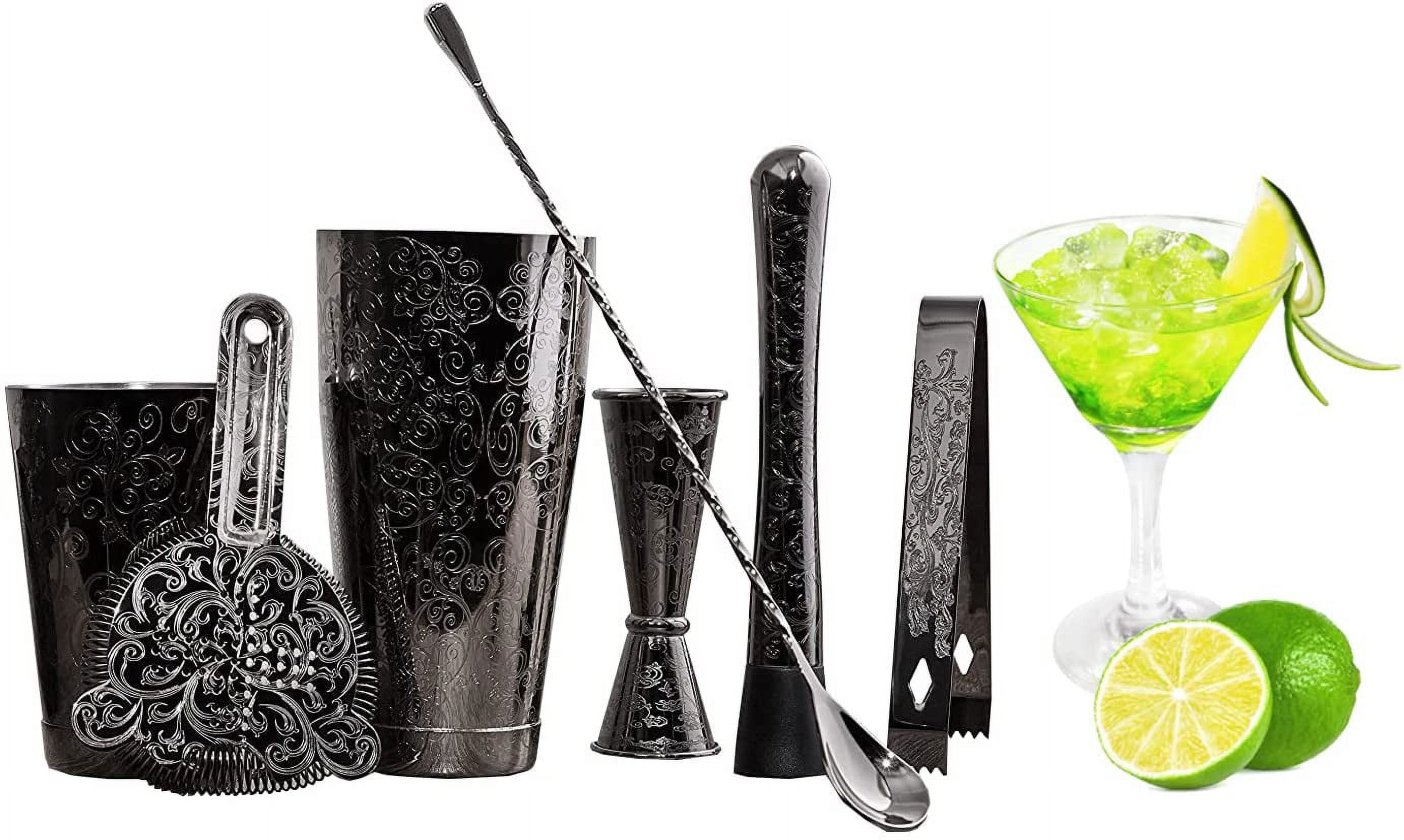 Kit Cocktail Shaker Set-7 Pieces Stainless Steel Black Plated Etching ...
