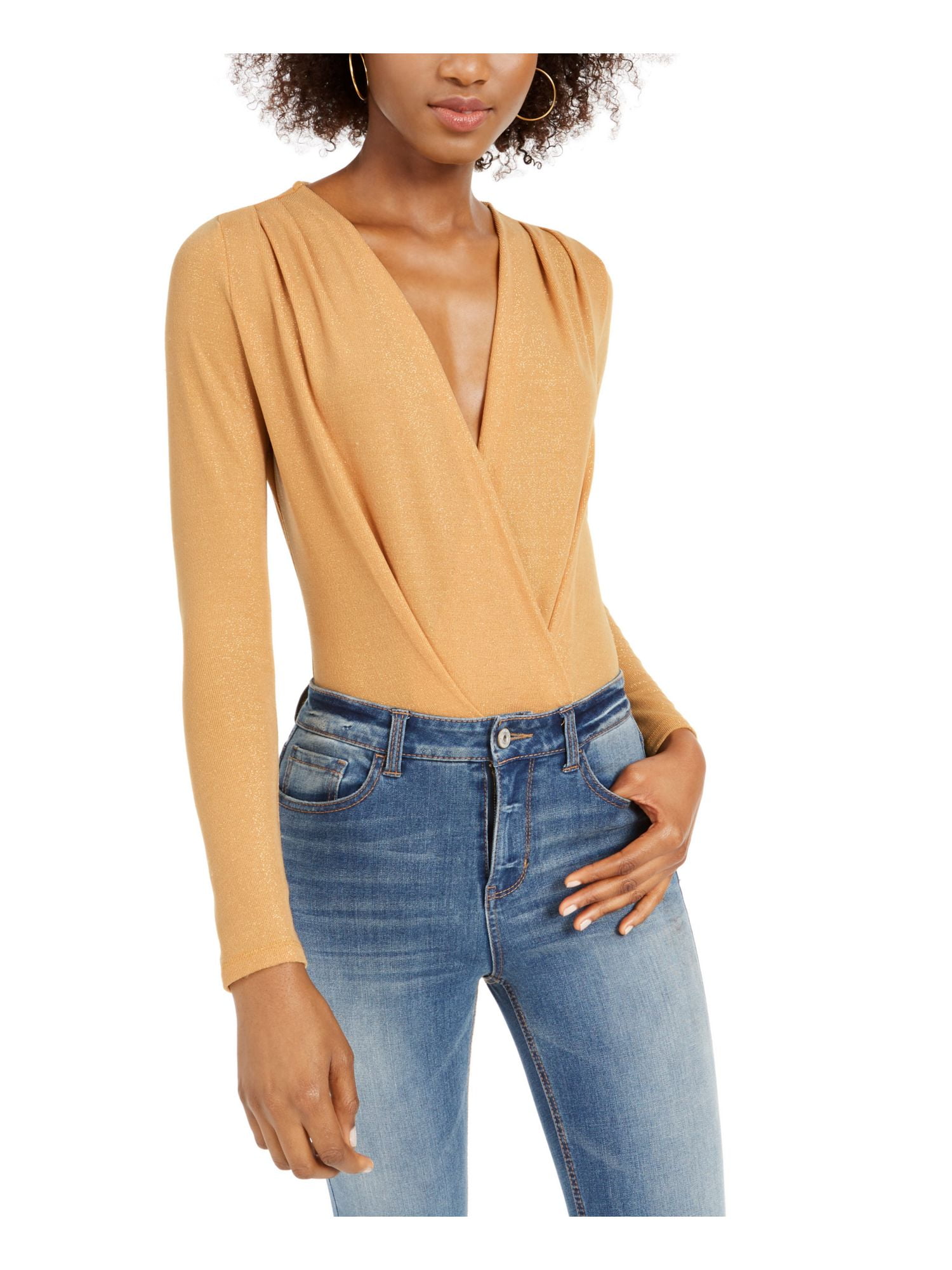 KIT + SKY Womens Gold Glitter Long Sleeve Surplice Neckline Bodysuit S ...