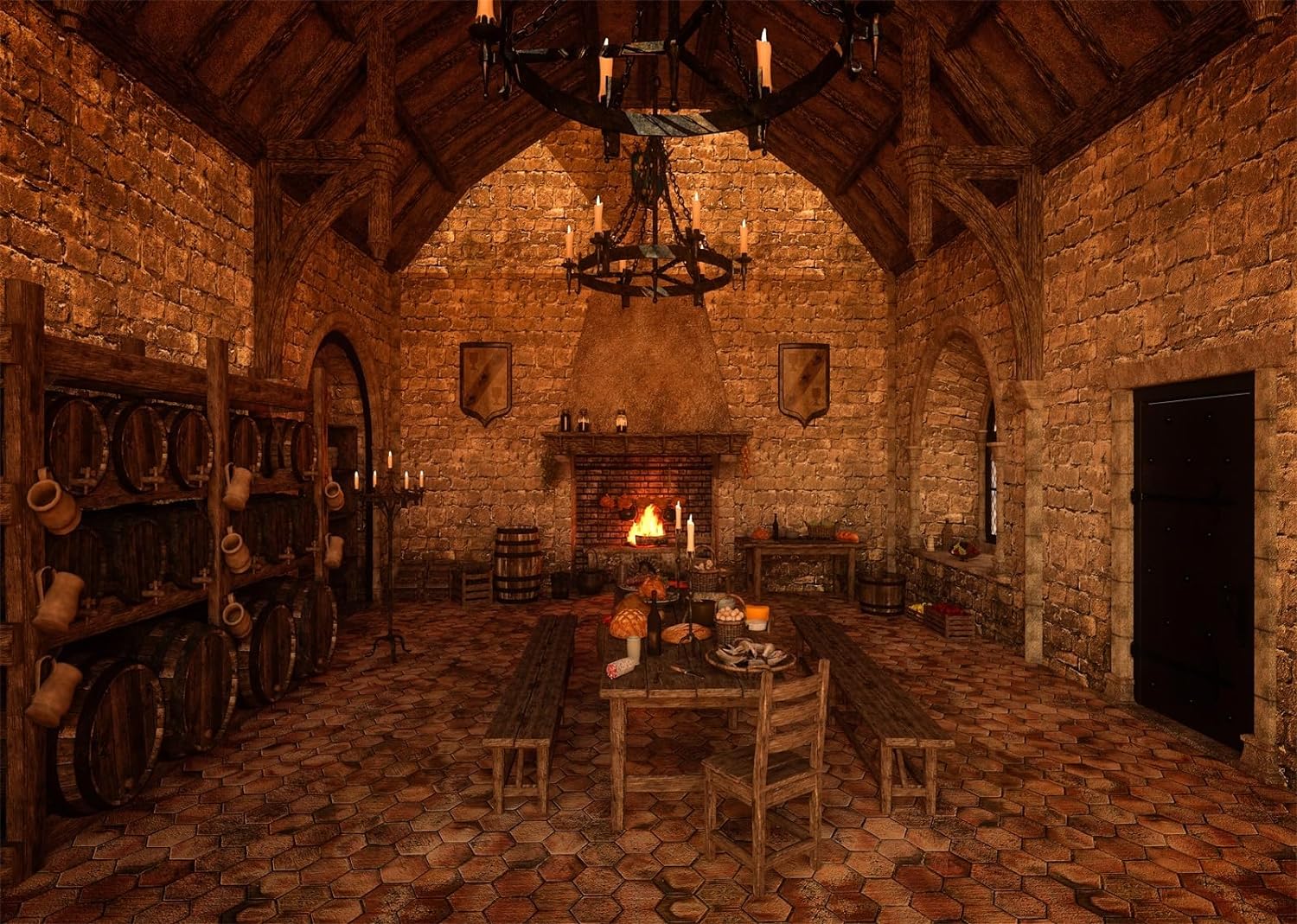 Kitch Photography Background Ancit Castle Dining Hall St Floor Walls Wine Barrels Burning ...