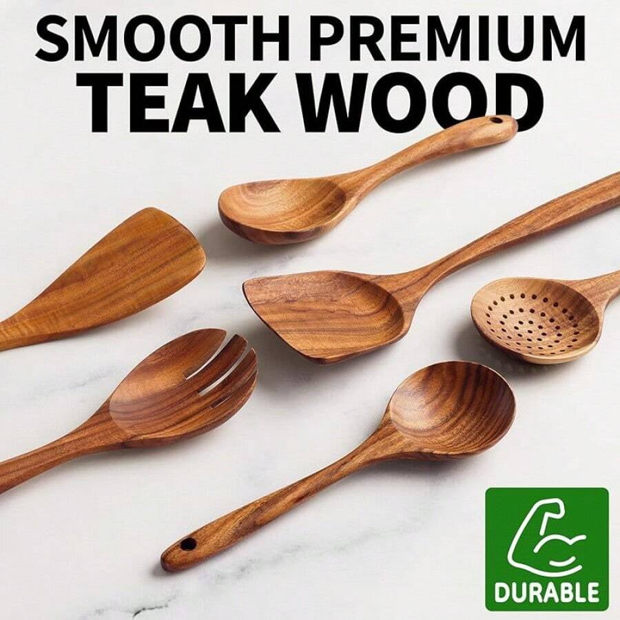 Kitchen 10-Piece Wooden Spoons For Cooking - Smooth Finish Teak Wooden ...