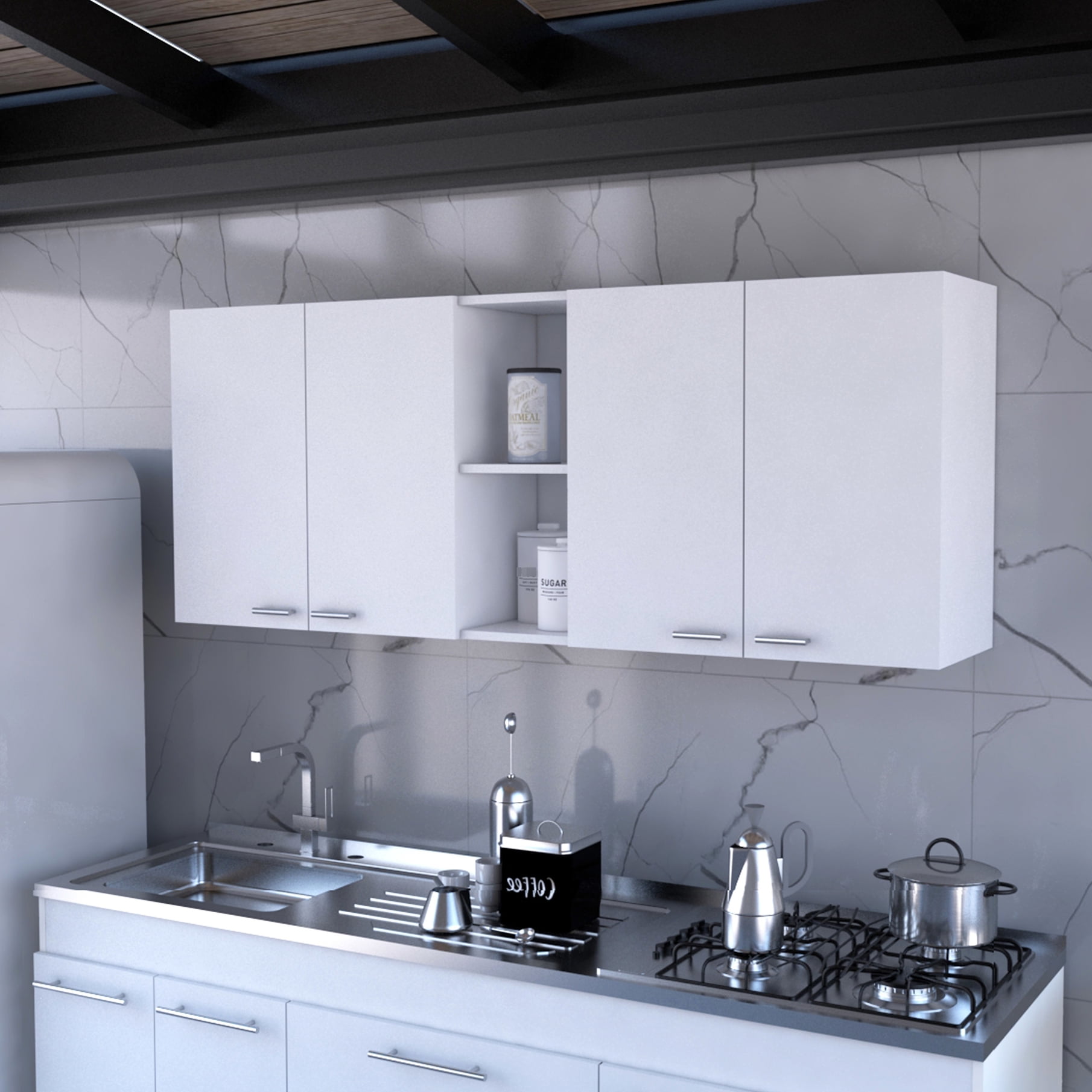 Kitchen 150" Wall Cabinet - 4 Doors, 2 Divisions, Shelves, White ...