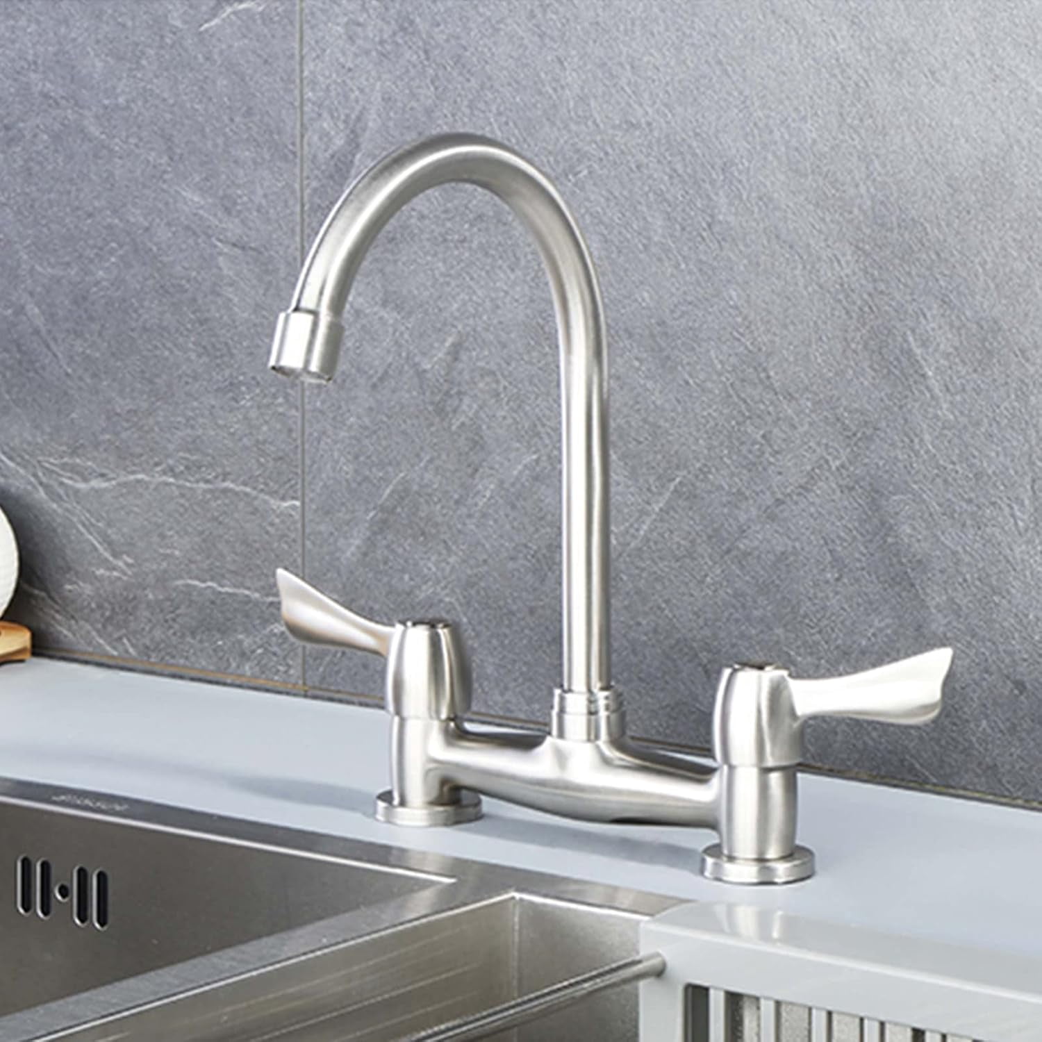 Kitchen 304 Stainless Steel Kitchen Sink 360° Swivel Double Handle Hot ...