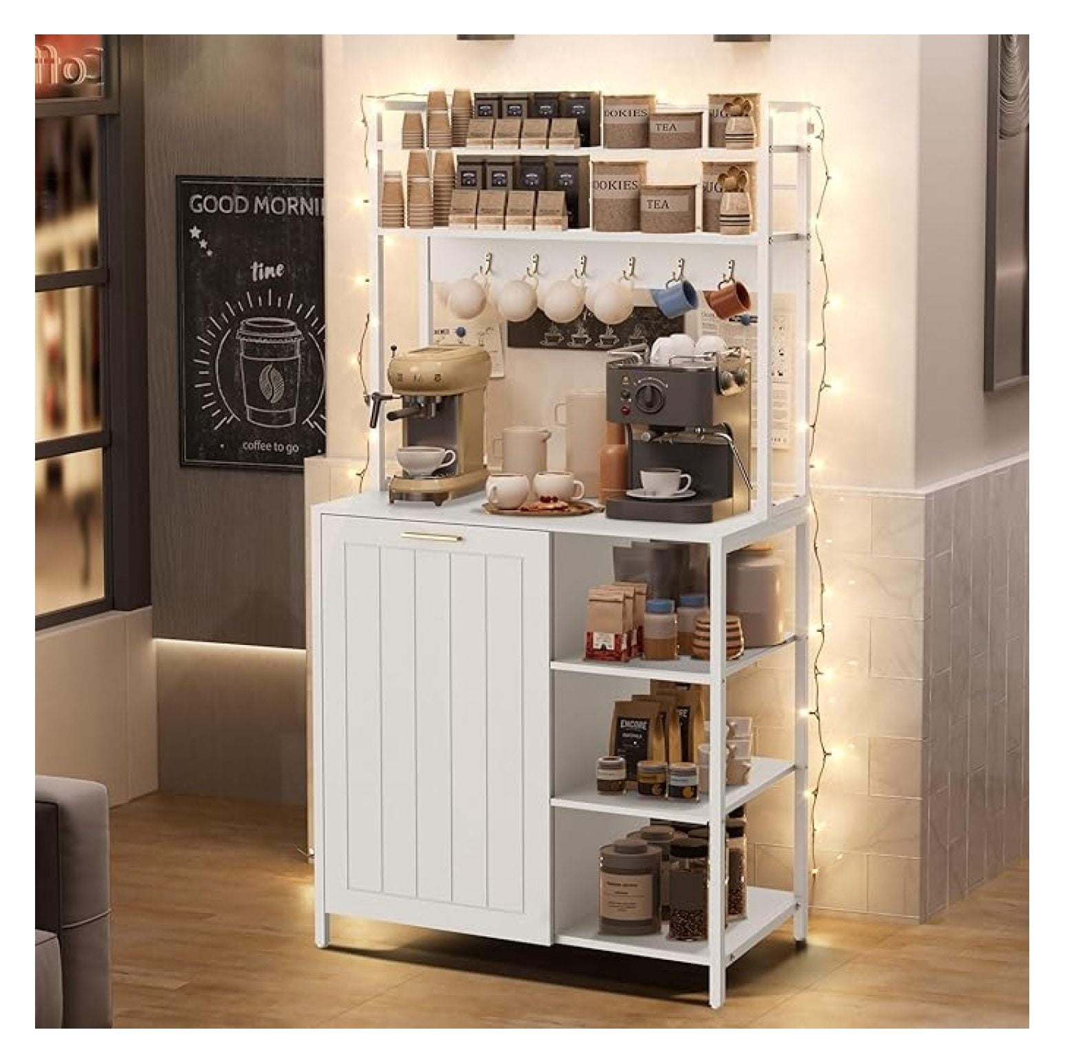 Kitchen Baker's Rack with Trash Can Bin Cabinet, 6 Tiers Microwave ...
