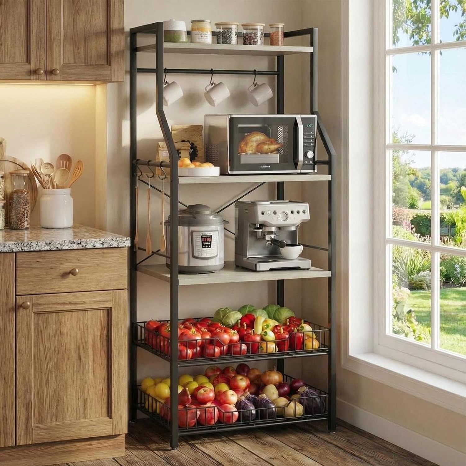 Kitchen Bakers Rack, 5 Tier Coffee Bar Station with 2 Large Wire Basket ...