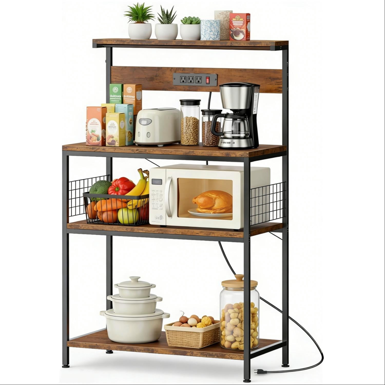 Kitchen Bakers Rack with Power Outlet, 4-Tier Coffee Bar and Microwave ...