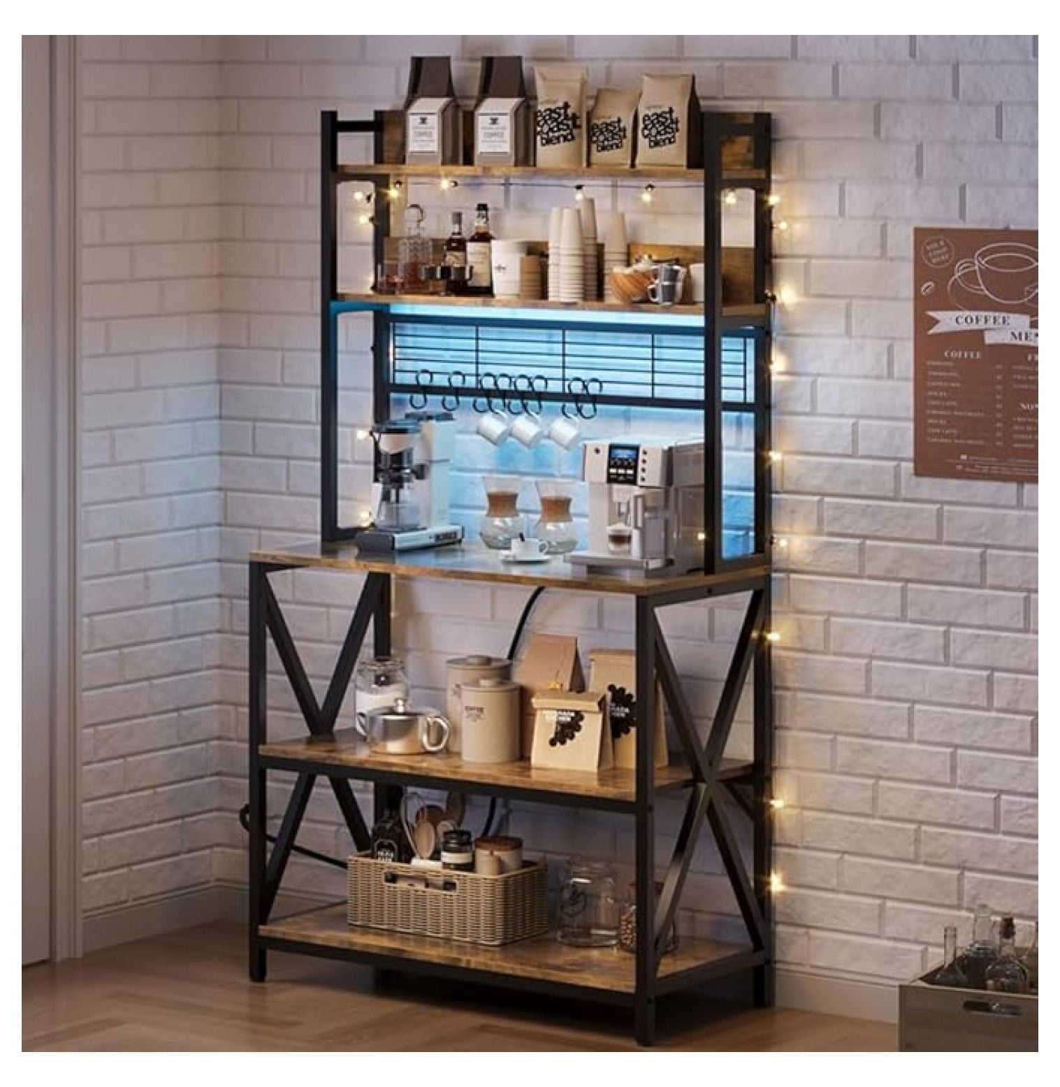 Kitchen Bakers Rack with Power Outlet & , 5 Tiers Coffee Bar Table with ...