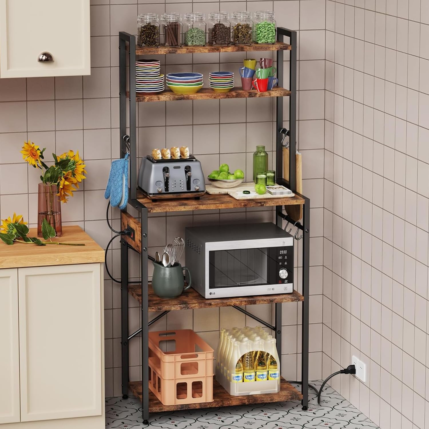 Kitchen Bakers Rack with Power Outlet, 5 Tiers Coffee Bar Table ...