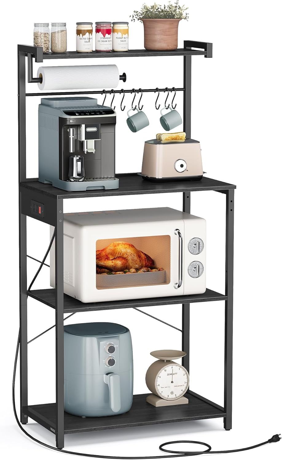 Kitchen Bakers Rack with Power Outlet, Coffee Bar 4-Tier with 8 S Hooks ...