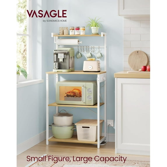 Kitchen Bakers Rack with Power Outlet, Coffee Bar 4-Tier with 8 S Hooks ...