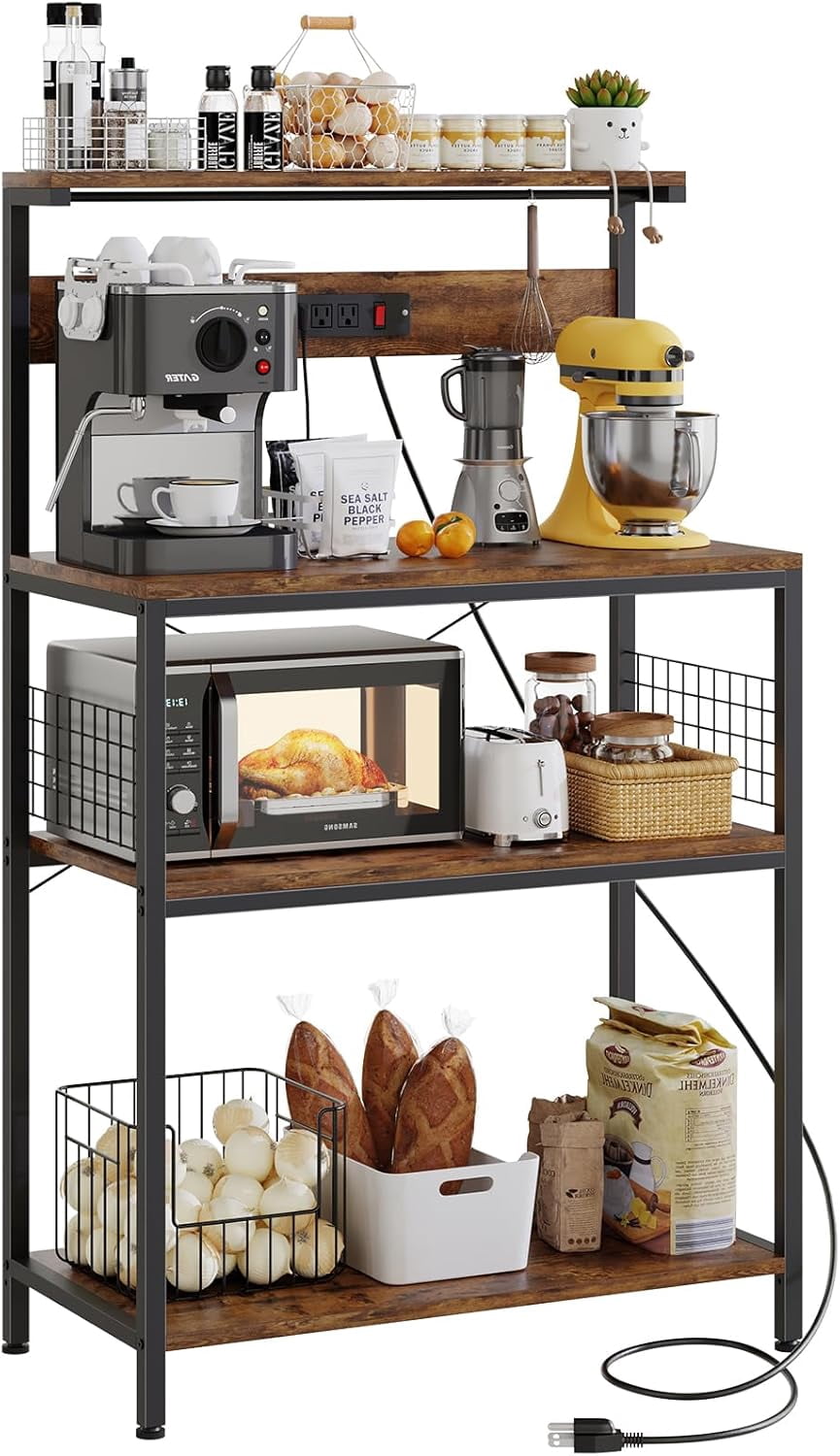 Kitchen Bakers Rack with Power Outlet, Coffee Bar Table 4 Tiers ...