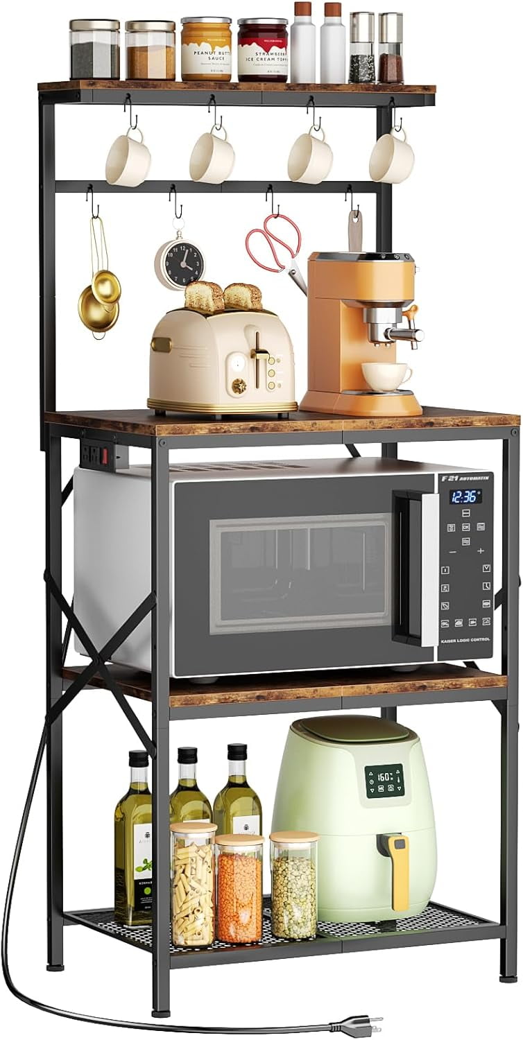 Kitchen Bakers Rack with Power Outlet, Coffee Bar Table 4 Tiers, Microwave Stand with 8 Hooks ...