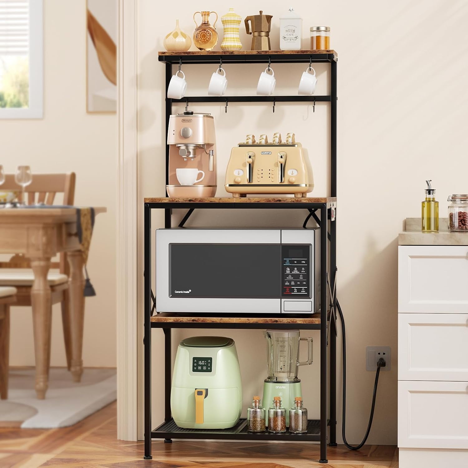 Kitchen Bakers Rack with Power Outlet, Coffee Bar Table 4 Tiers, Microwave Stand with 8 Hooks ...