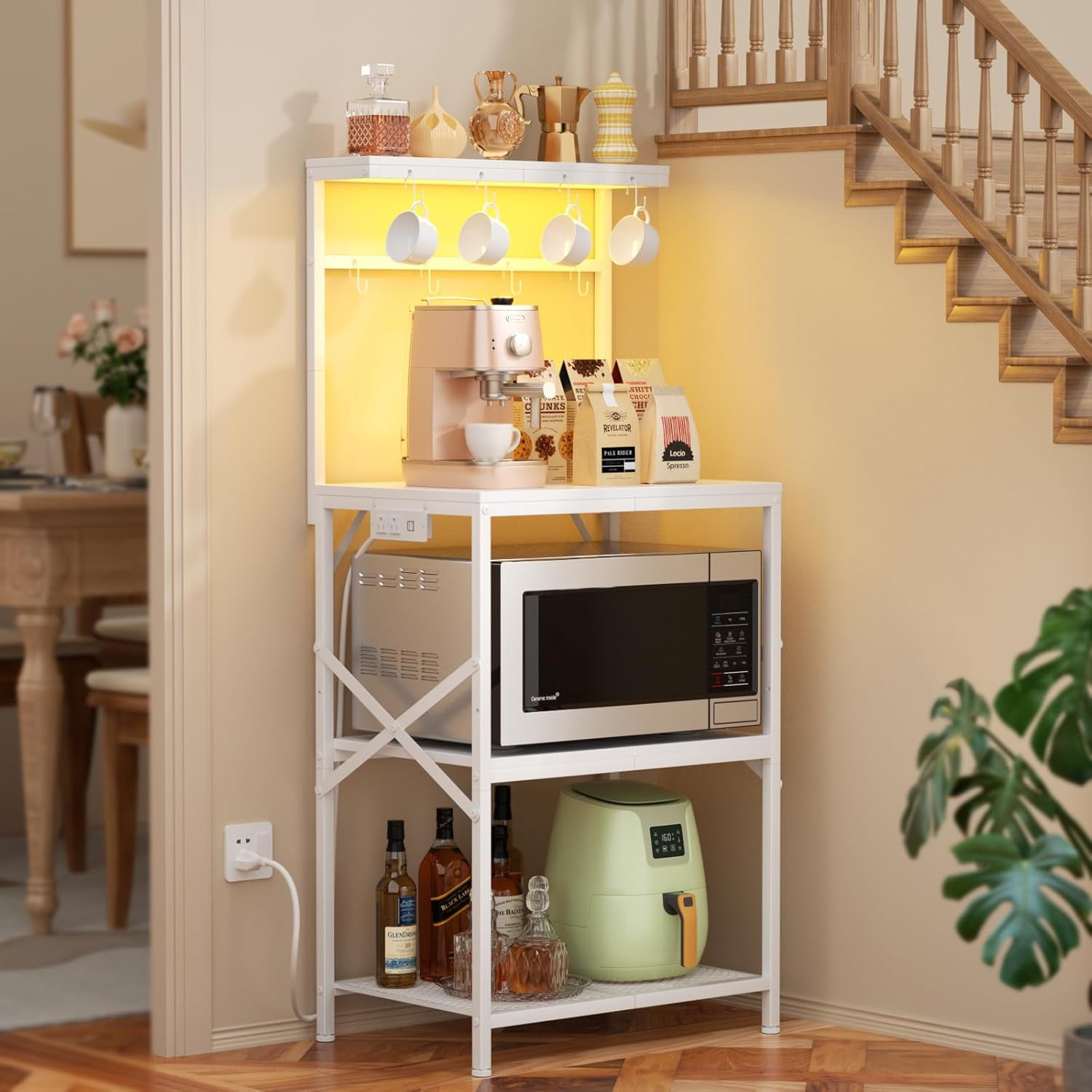 Kitchen Bakers Rack with Power Outlet & LED Lights, Small Coffee Bar Table with Adjustable ...