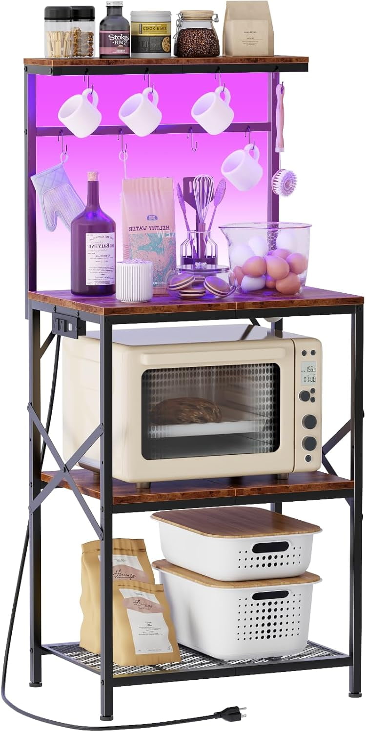 Kitchen Bakers Rack with Power Outlet & LED Lights, Small Coffee Bar Table with Adjustable ...