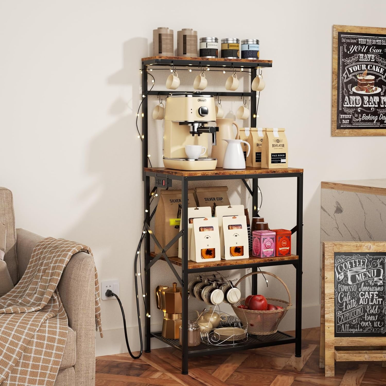 Kitchen Bakers Rack with Power Outlet, Microwave Stand with Storage 4 Tiers, Small Coffee Bar ...