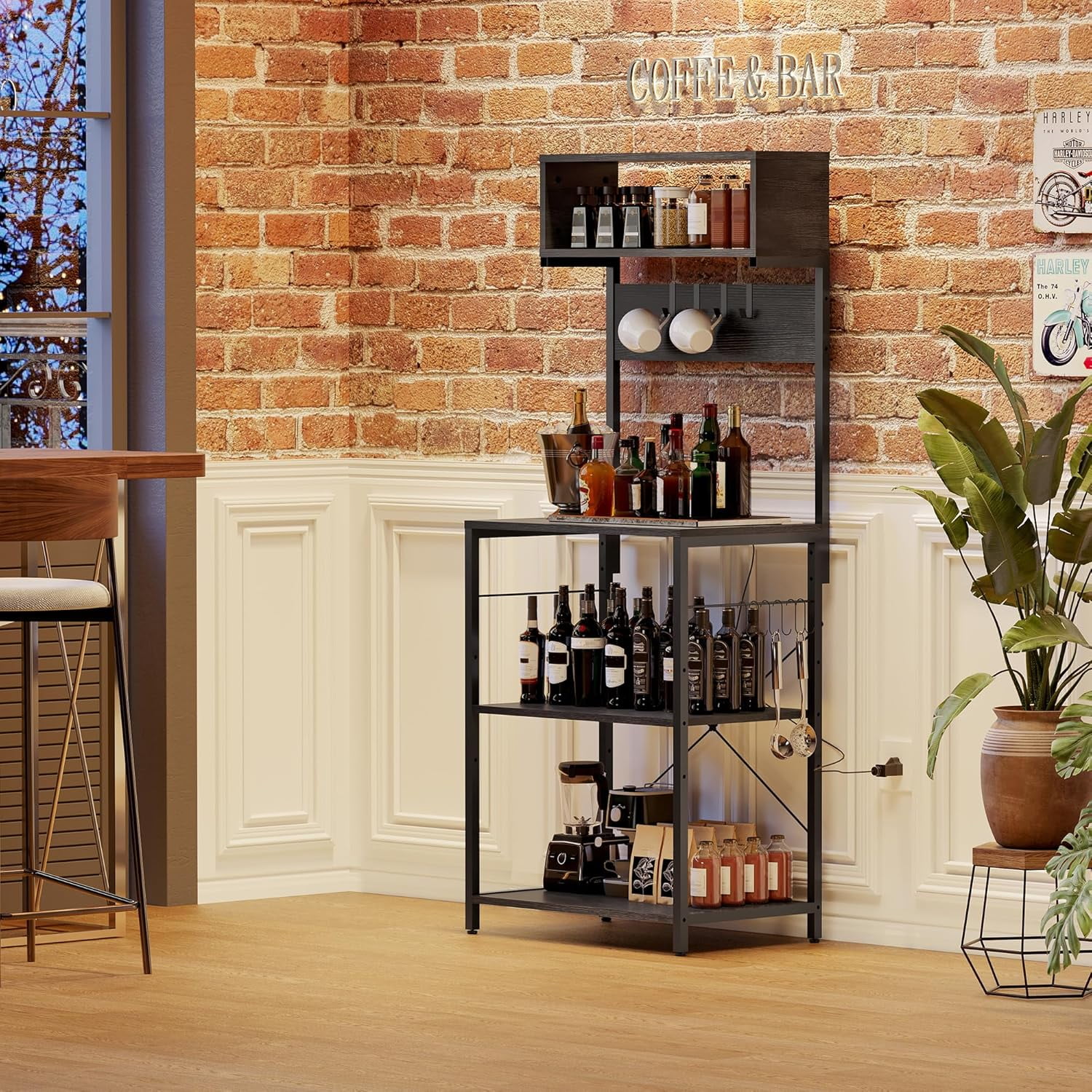 Kitchen Bakers Rack with Power Outlet, Small Coffee Bar Cart 4 Tiers,Microwave Stand Station ...