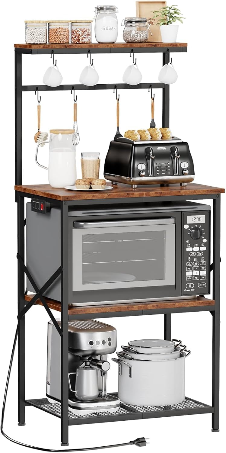 Kitchen Bakers Rack with Power Outlet, Small Microwave Stand with ...