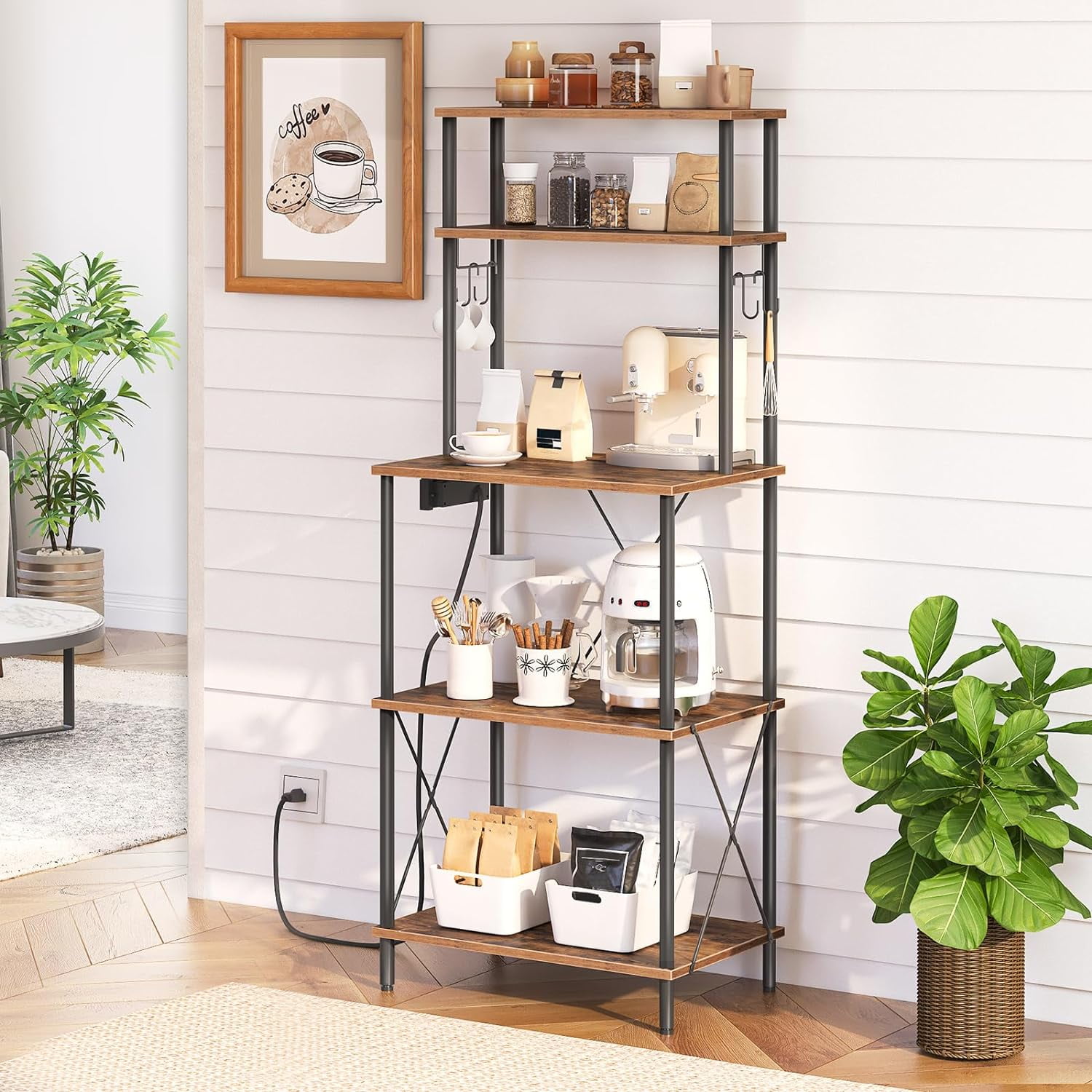 Kitchen Bakers Rack with Power Outlets, 5-Tier Microwave Stand, Coffee ...