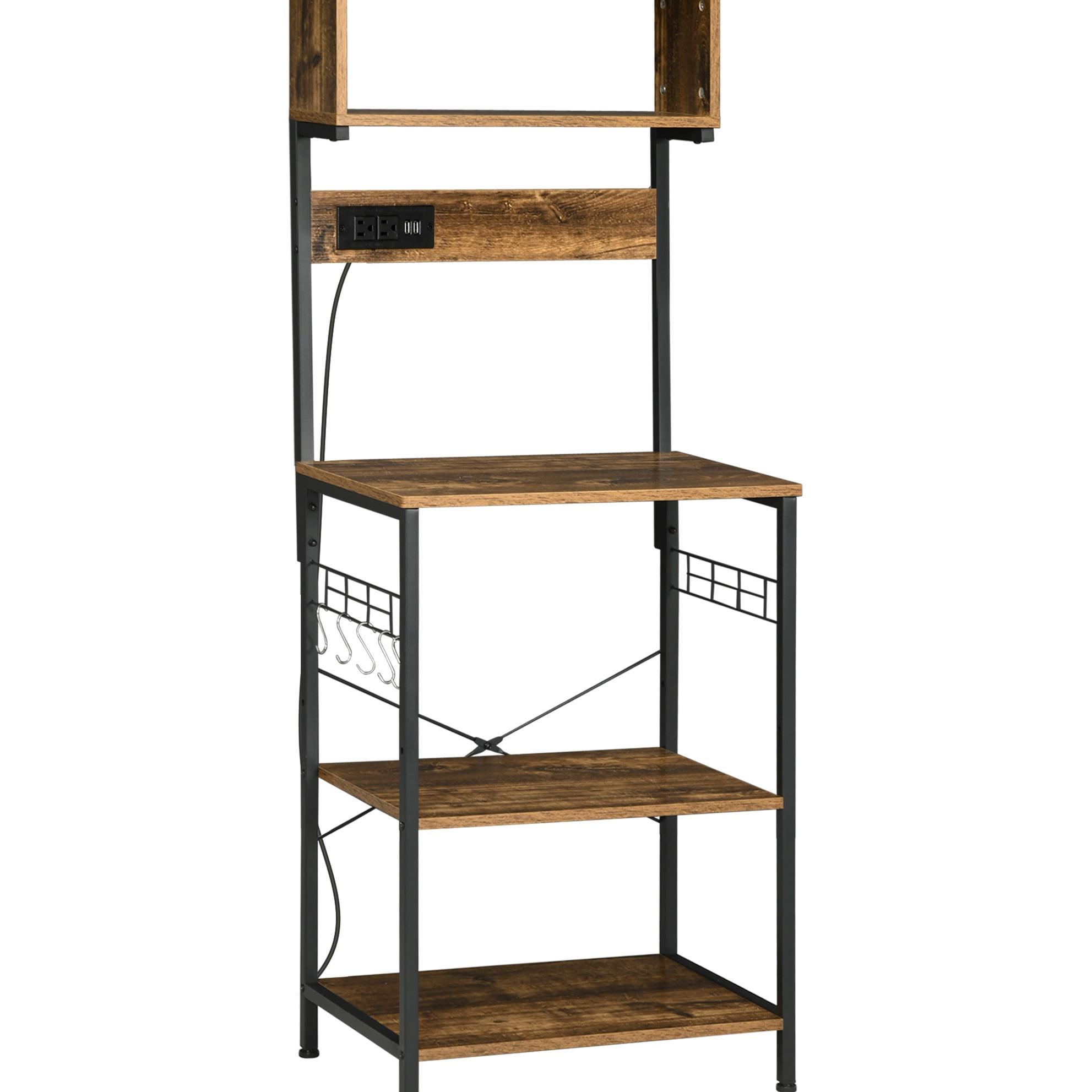 Kitchen Bakers Rack In Rustic Brown Color. Power Outlet, . Adjustable Shelves, 5 Hooks. For ...