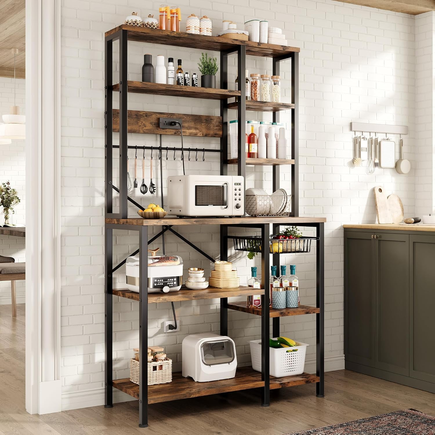 Kitchen Bakers Rack with Storage, 6-Tier Coffee Bar Station with Power Outlet, Microwave Stand ...