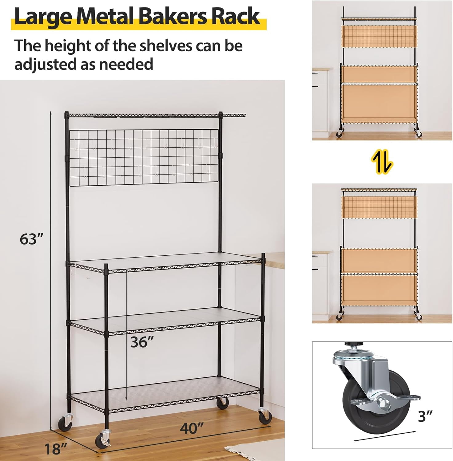 Kitchen Bakers Rack with Storage Shelf Adjustable, Large Microwave Cart ...