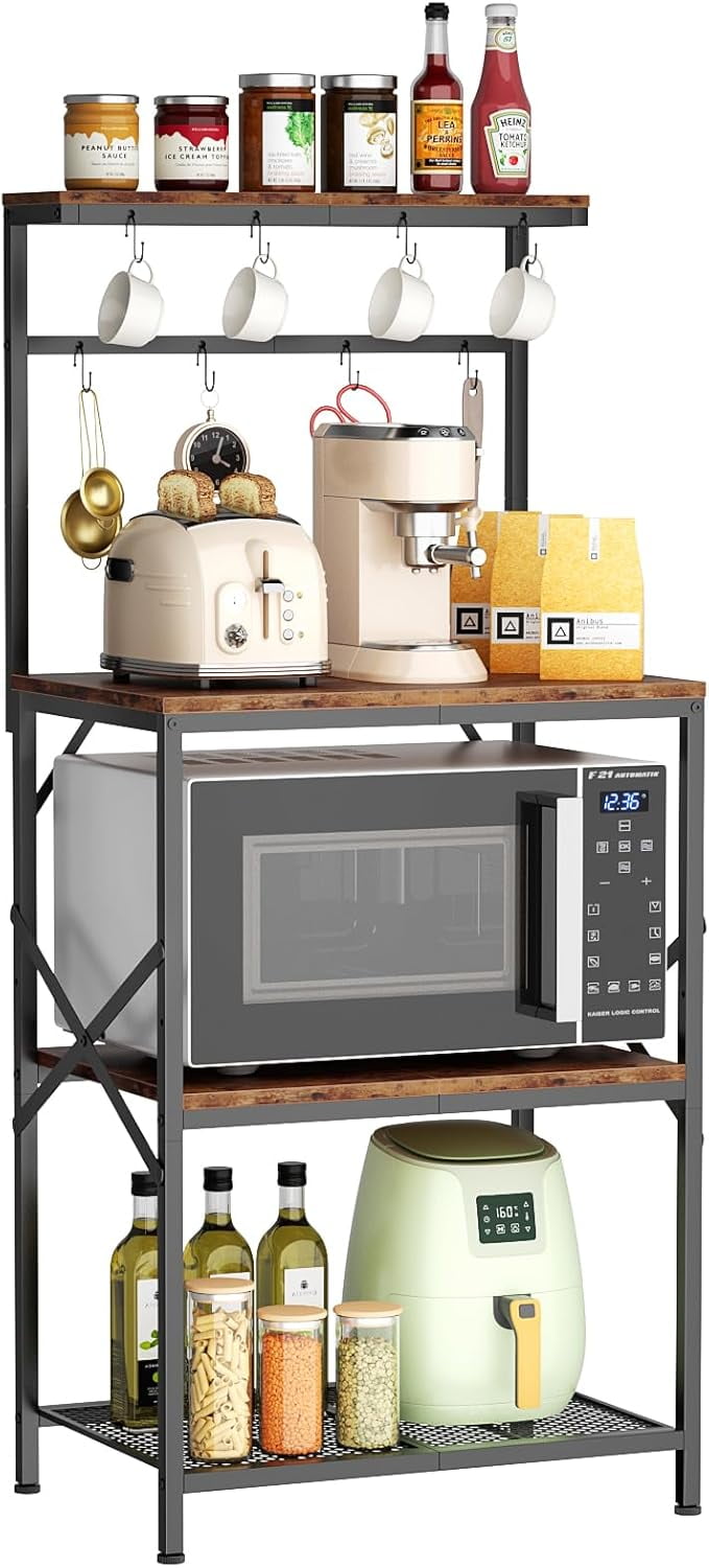 Kitchen Bakers Rack with Storage Shelves, Small Coffee Bar Table with 8 Hooks, 4 Tiers Microwave ...