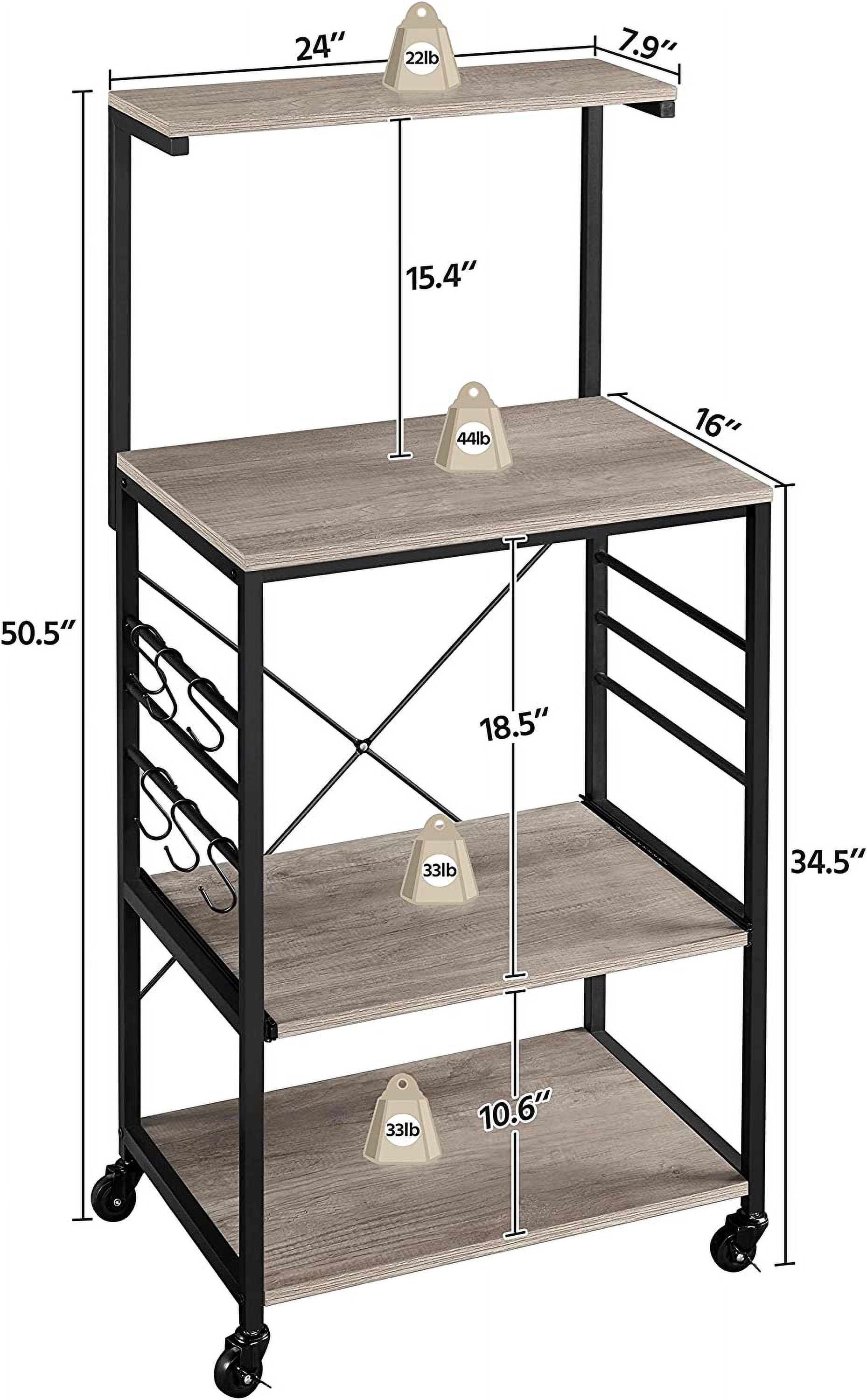Kitchen Bakers Rack on Wheels, Microwave Stand Cart with 6 Hooks ...