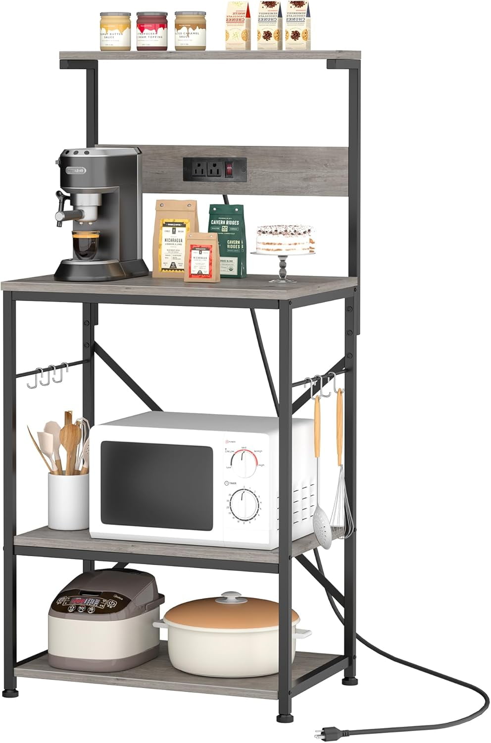 Kitchen Bakers Rack with Electrical Outlets, 4-Tier Microwave Stand for ...