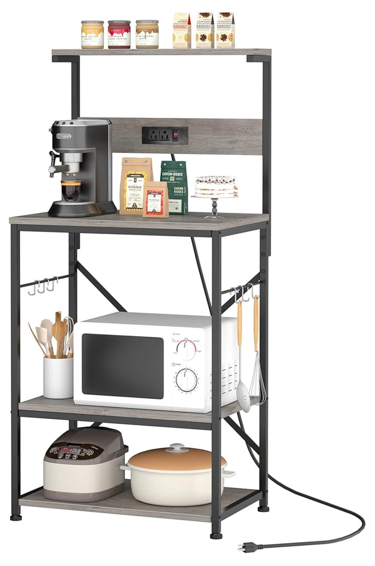 Kitchen Bakers Rack with Power Outlet, Microwave Stand with 6 S-Shaped ...